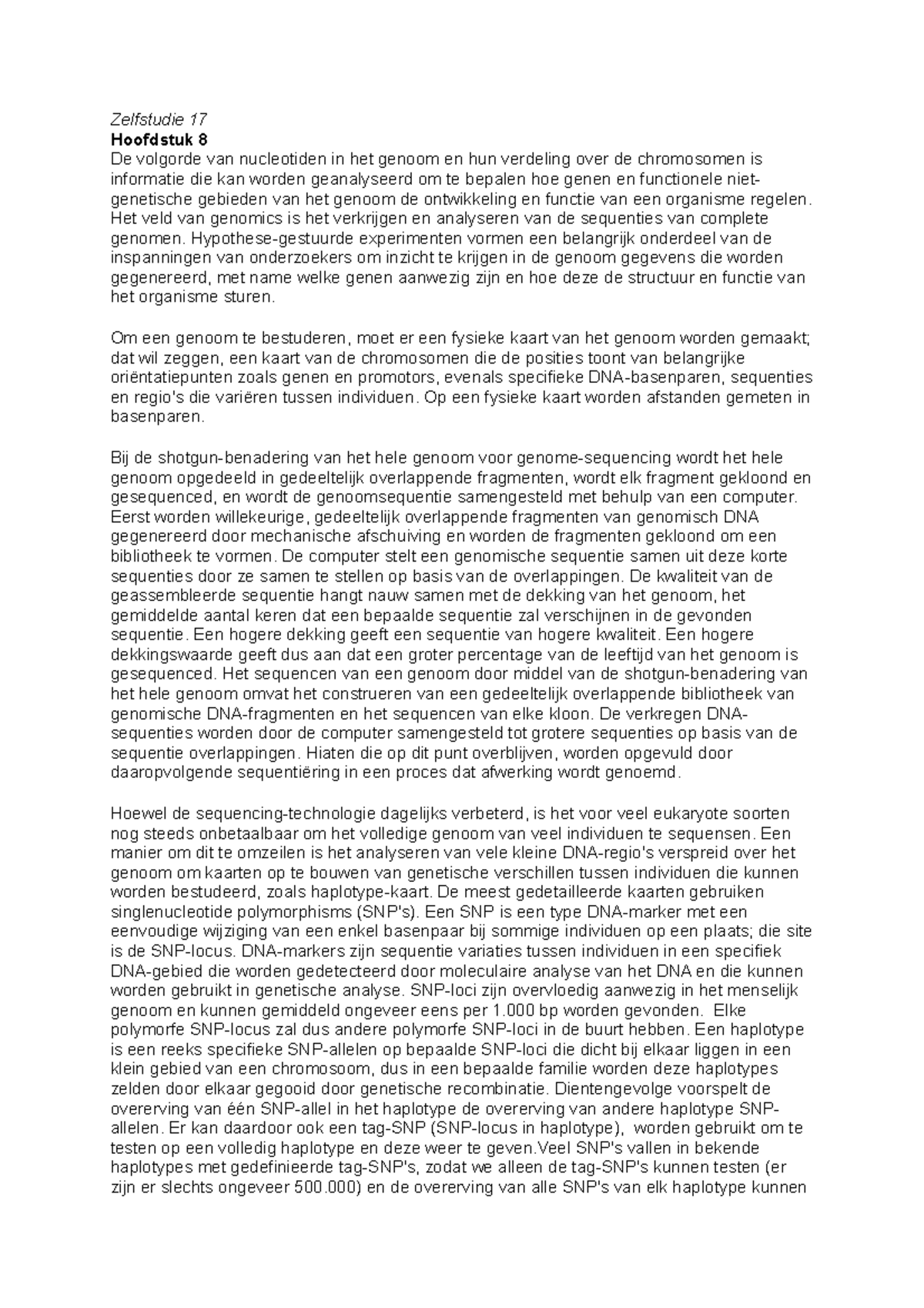 Zelfstudie 17 - Zelfstudie 17 Hoofdstuk 8 De volgorde van nucleotiden ...