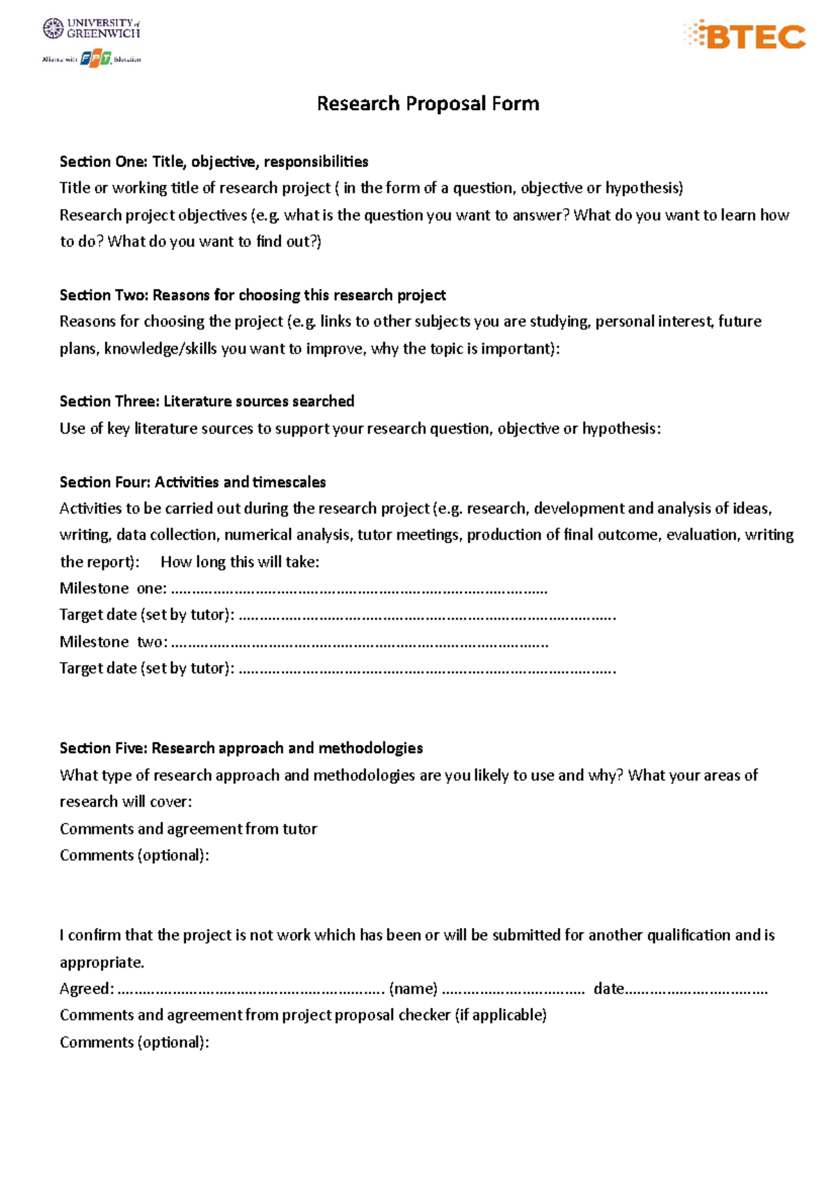 Research Proposal Form - Research Proposal Form Section One: Title ...