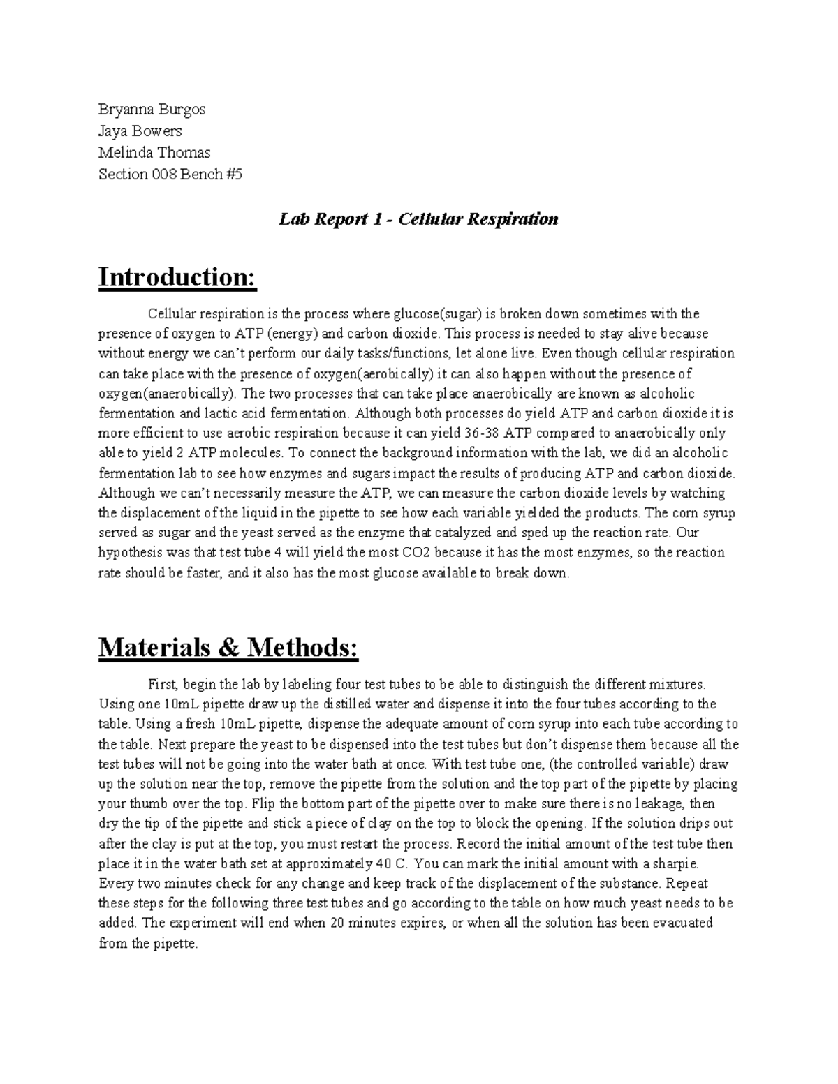 Lab Report 1 - Cellular Respiration - Bryanna Burgos Jaya Bowers ...