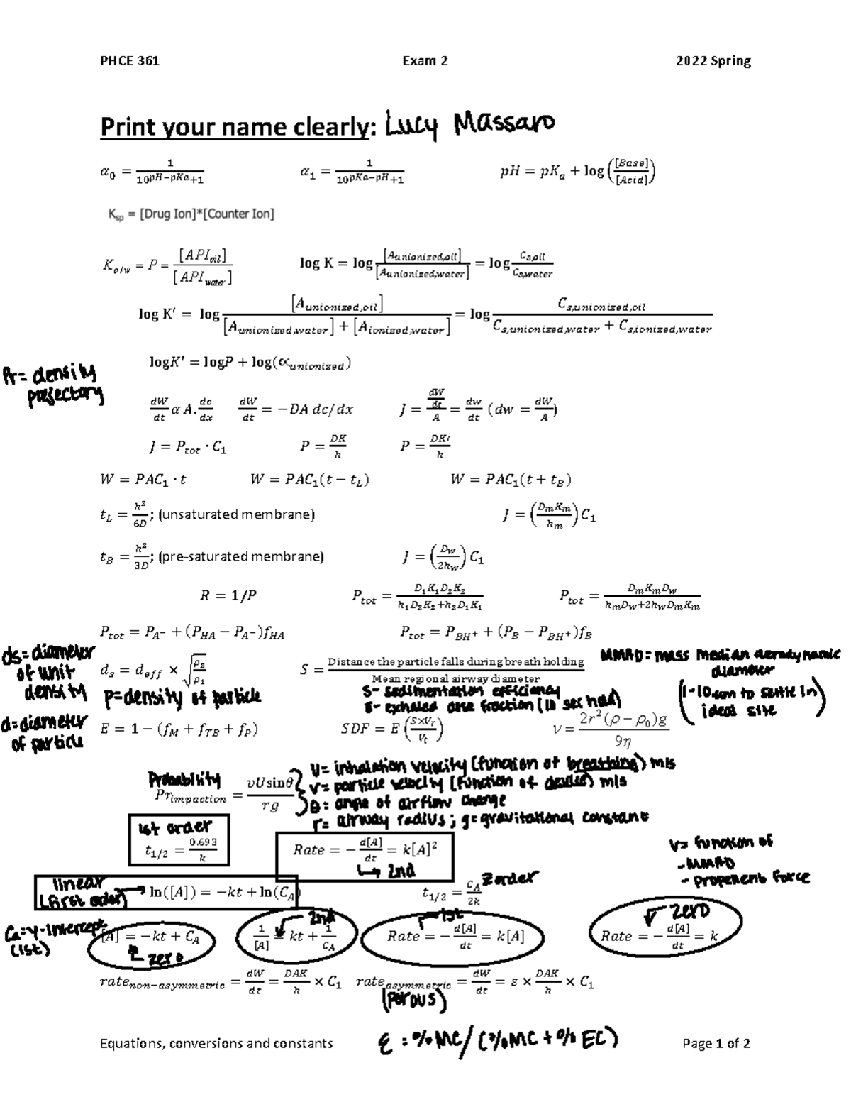 2022 PHCE361 Exam 2 Equation revised - PHCE 361 Exam 2 2022 Spring ...