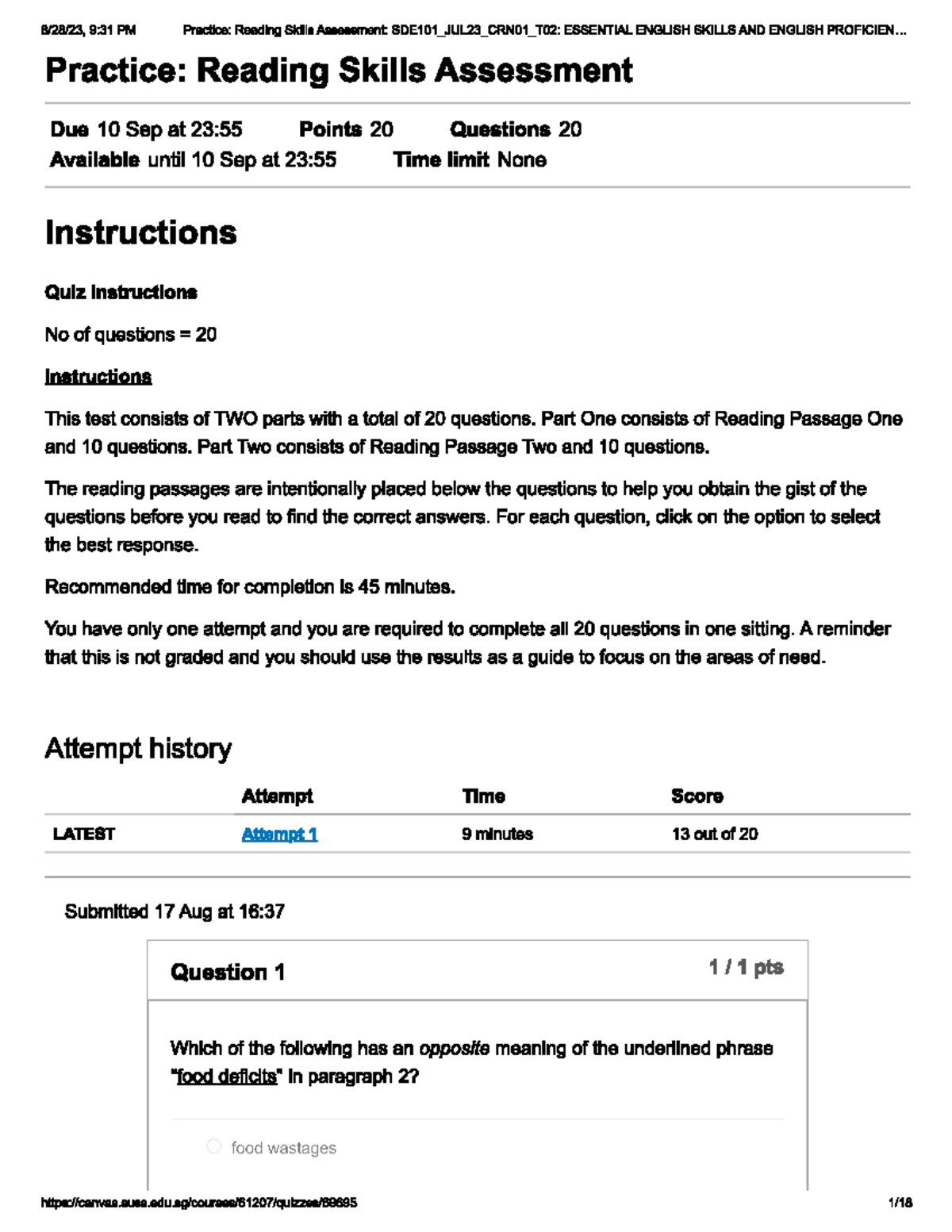 English Proficiency Stage 3 Quiz Reading - SDE101 - Studocu