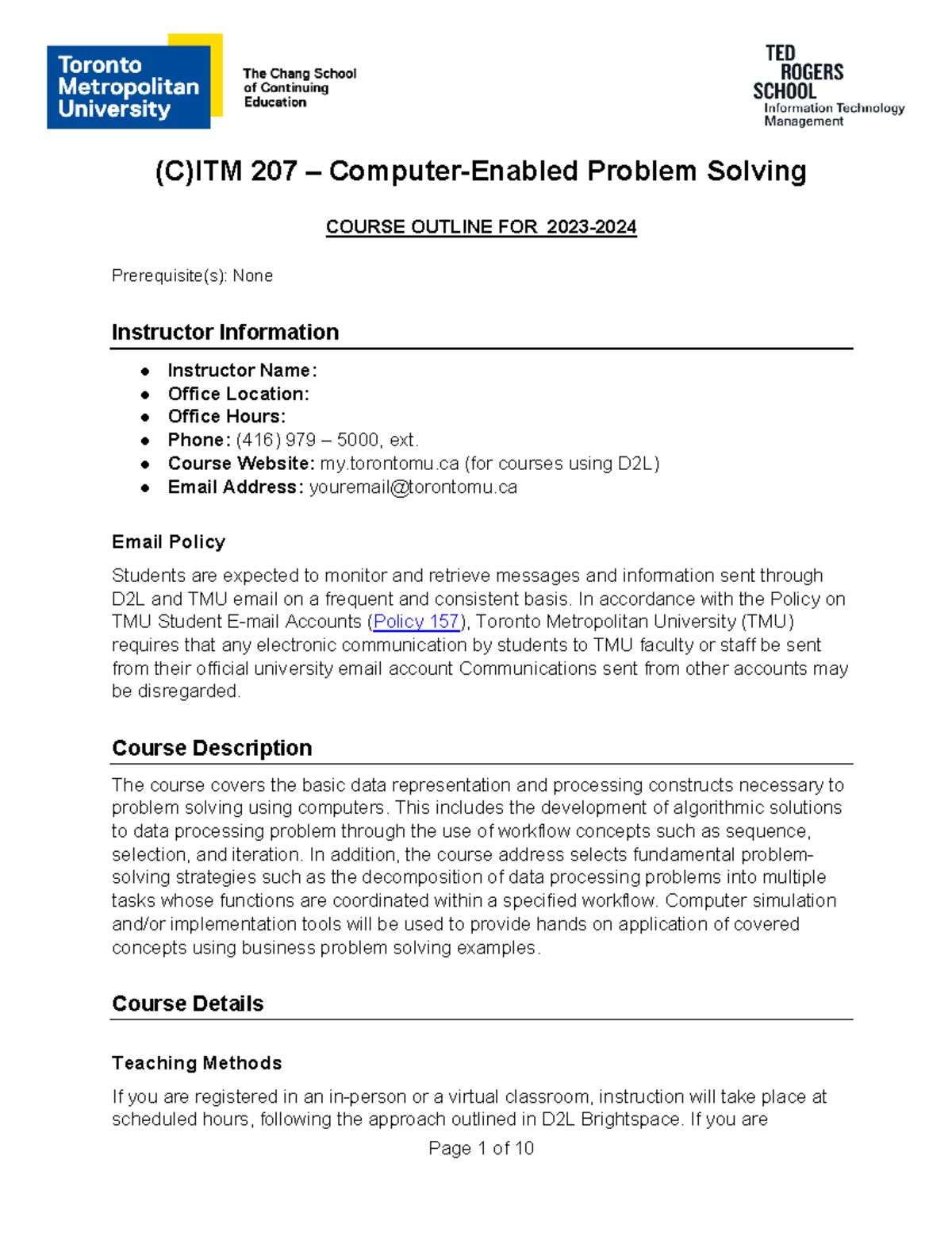 ITM 207 2023-2024 - Syallabus - (C)ITM 207 – Computer-Enabled Problem Solving COURSE OUTLINE FOR ...