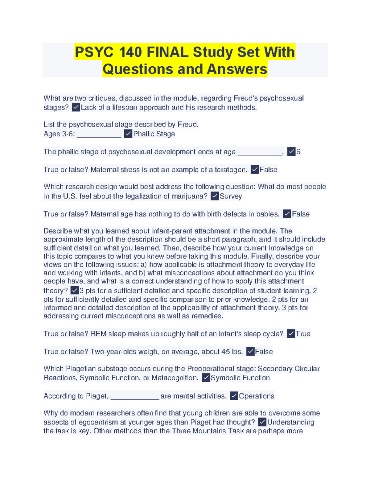 PSYC 140 Final Study Set With Questions and Answers - PSYC 140 FINAL ...