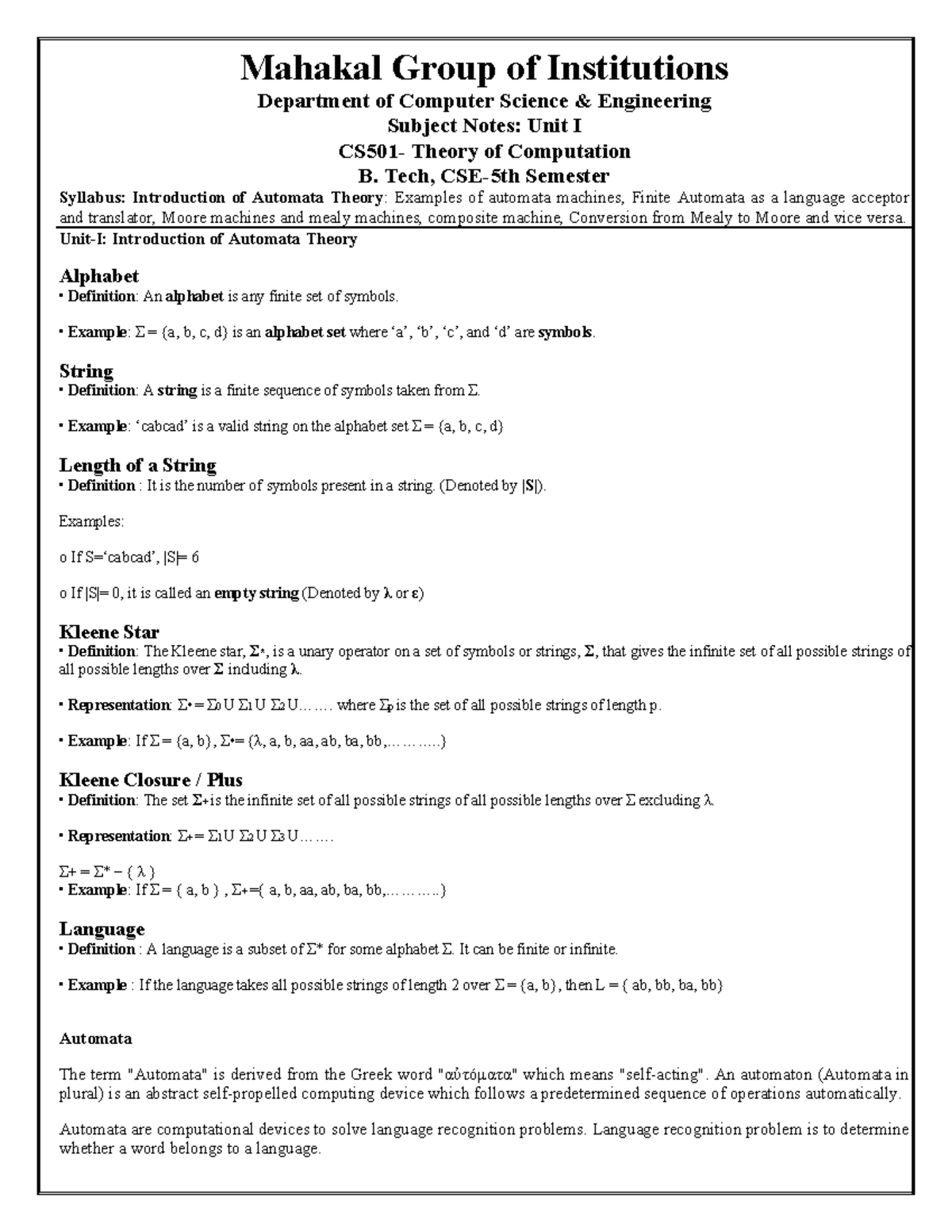 TOC Notes UNit 1 to 3 - Mahakal Group of Institutions Department of ...