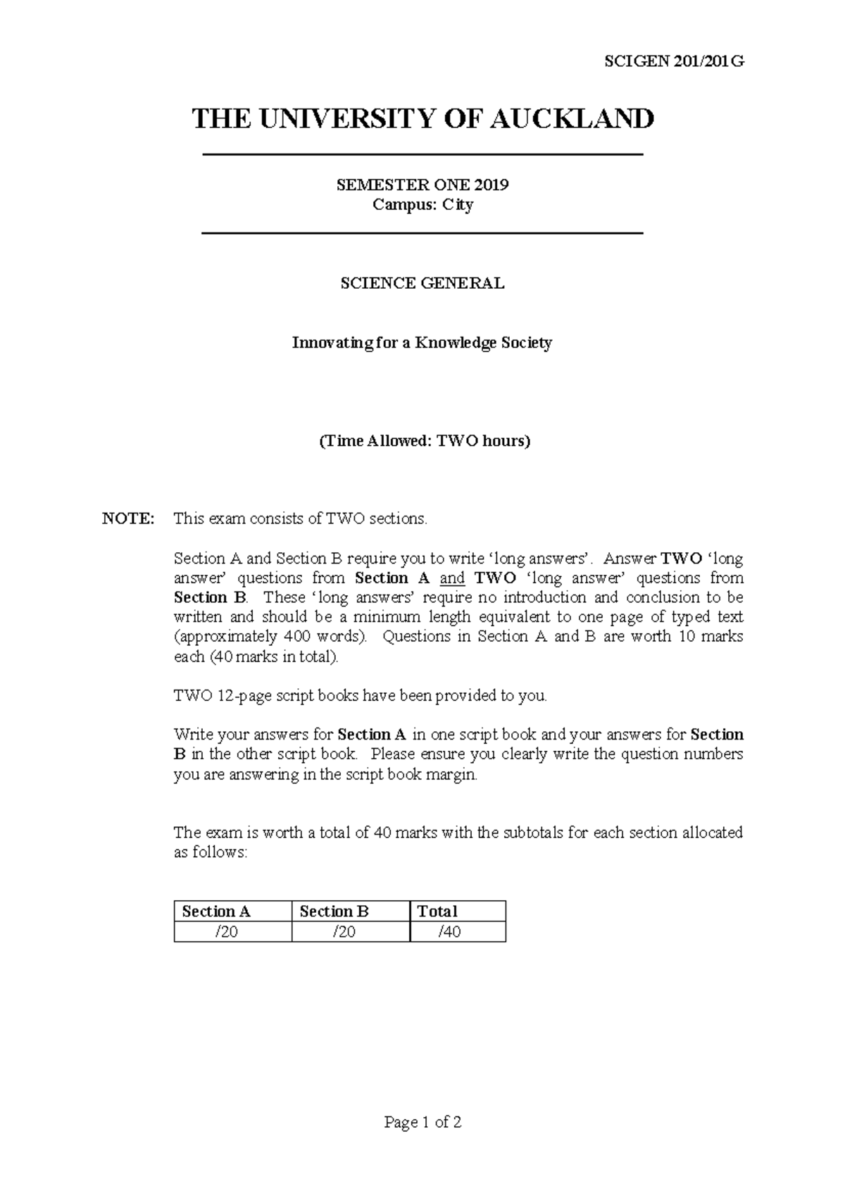 Scigen 201 S1 2019 - SCIGEN 201/201G Page 1 of 2 THE UNIVERSITY OF AUCKLAND SEMESTER ONE 2019 ...