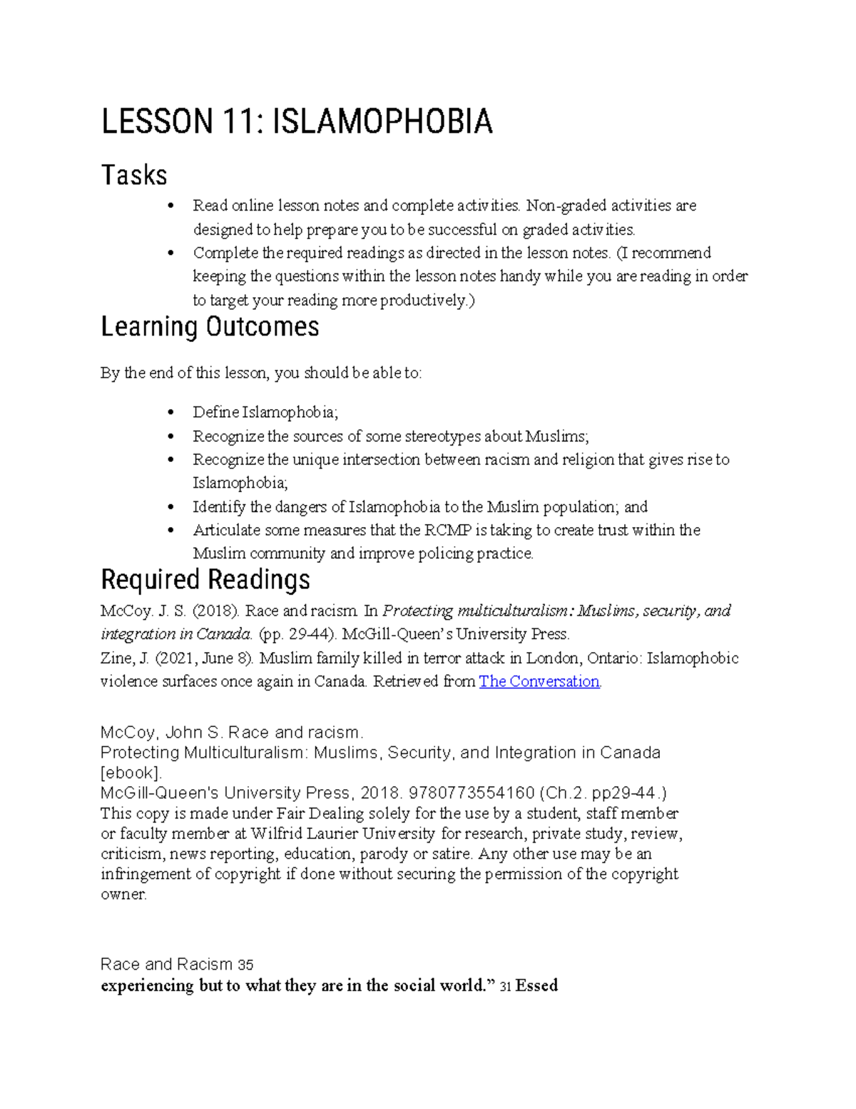 Lesson 11 PD 201 - class note - LESSON 11: ISLAMOPHOBIA Tasks Read ...