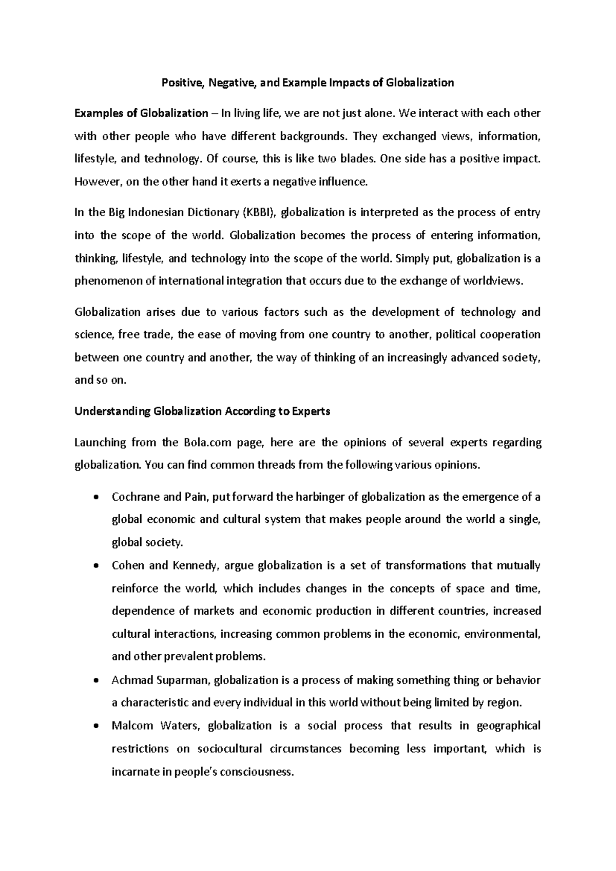 Globalization summaries - Positive, Negative, and Example Impacts of ...