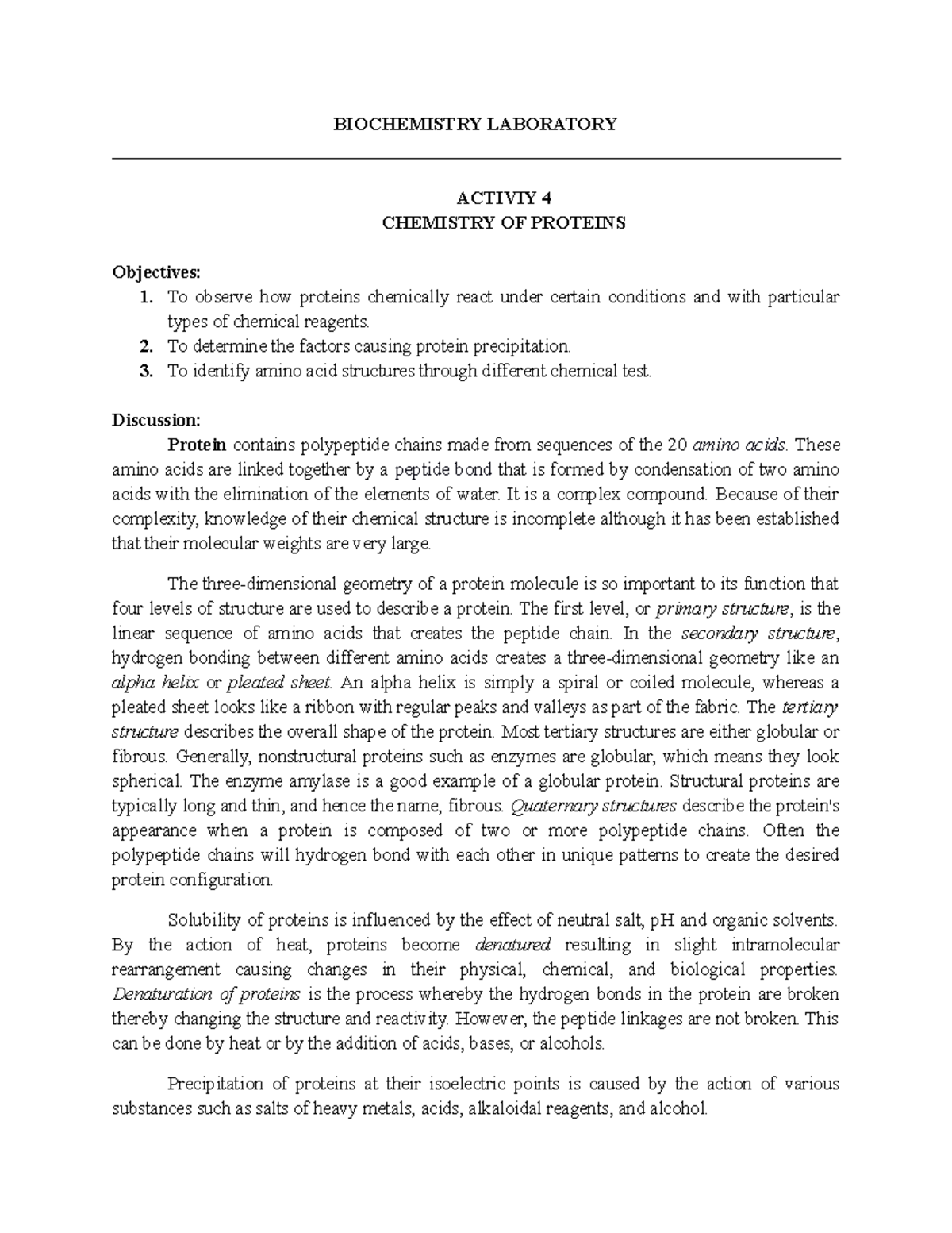 Activity 4 Biochem LAB - BIOCHEMISTRY LABORATORY - Studocu
