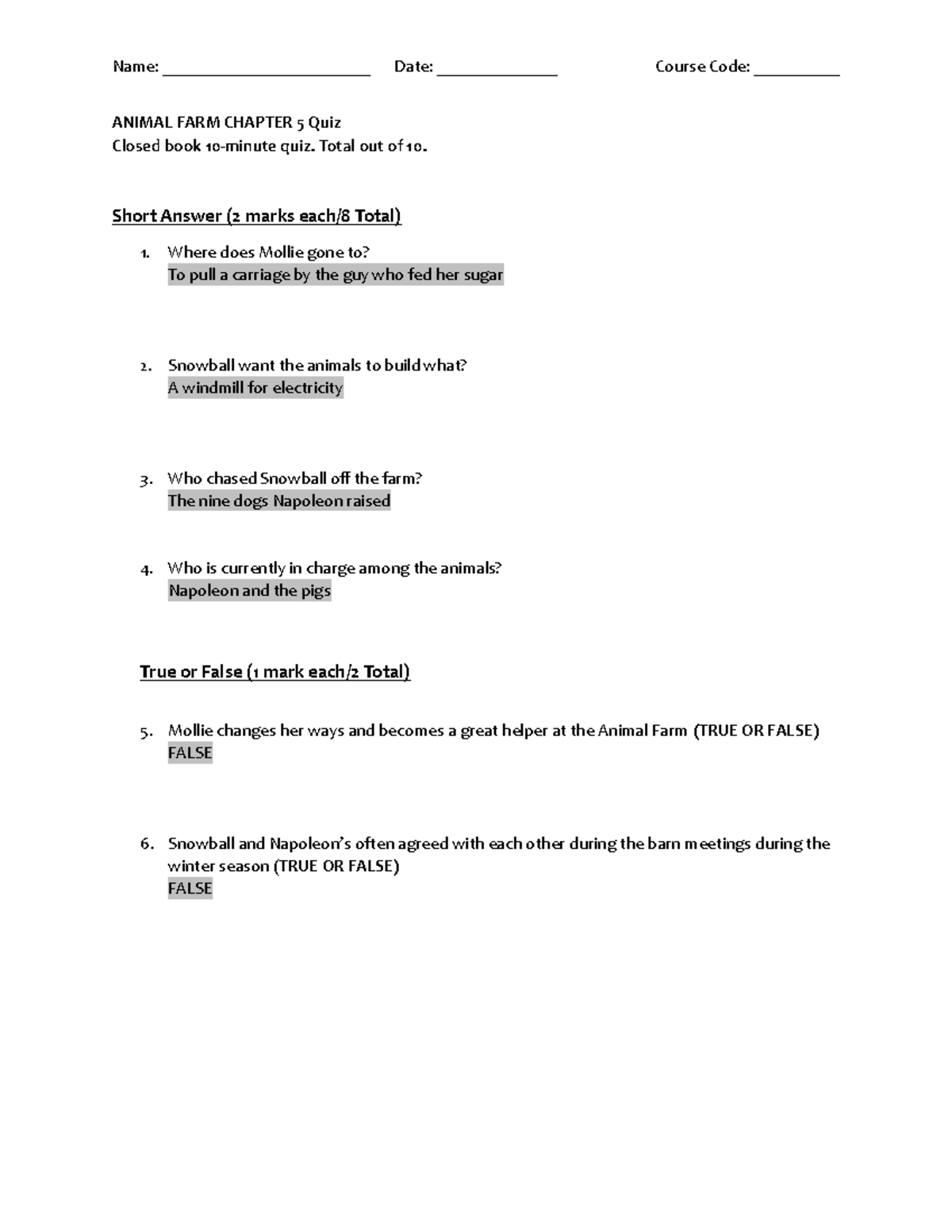 Animal FARM Chapter 5 Quiz - Name: ________________________ Date ...