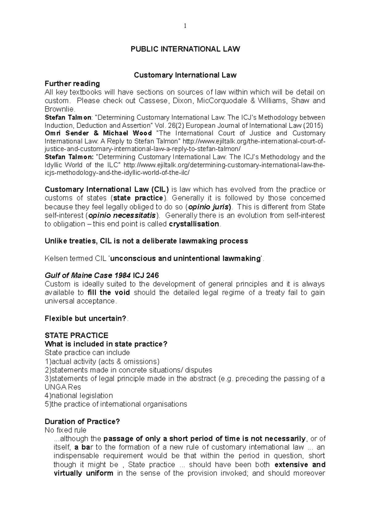 Customary International Law Handout - PUBLIC INTERNATIONAL LAW ...