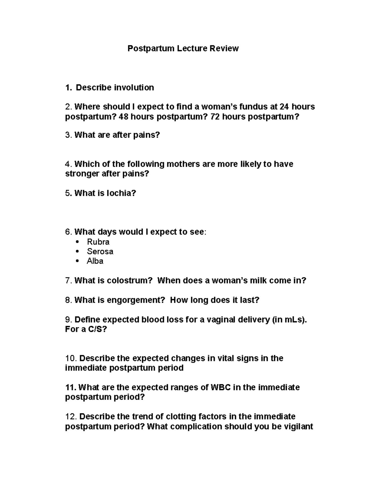 Postpartum Lecture Review (1)-1 - Postpartum Lecture Review Describe involution Where should I ...