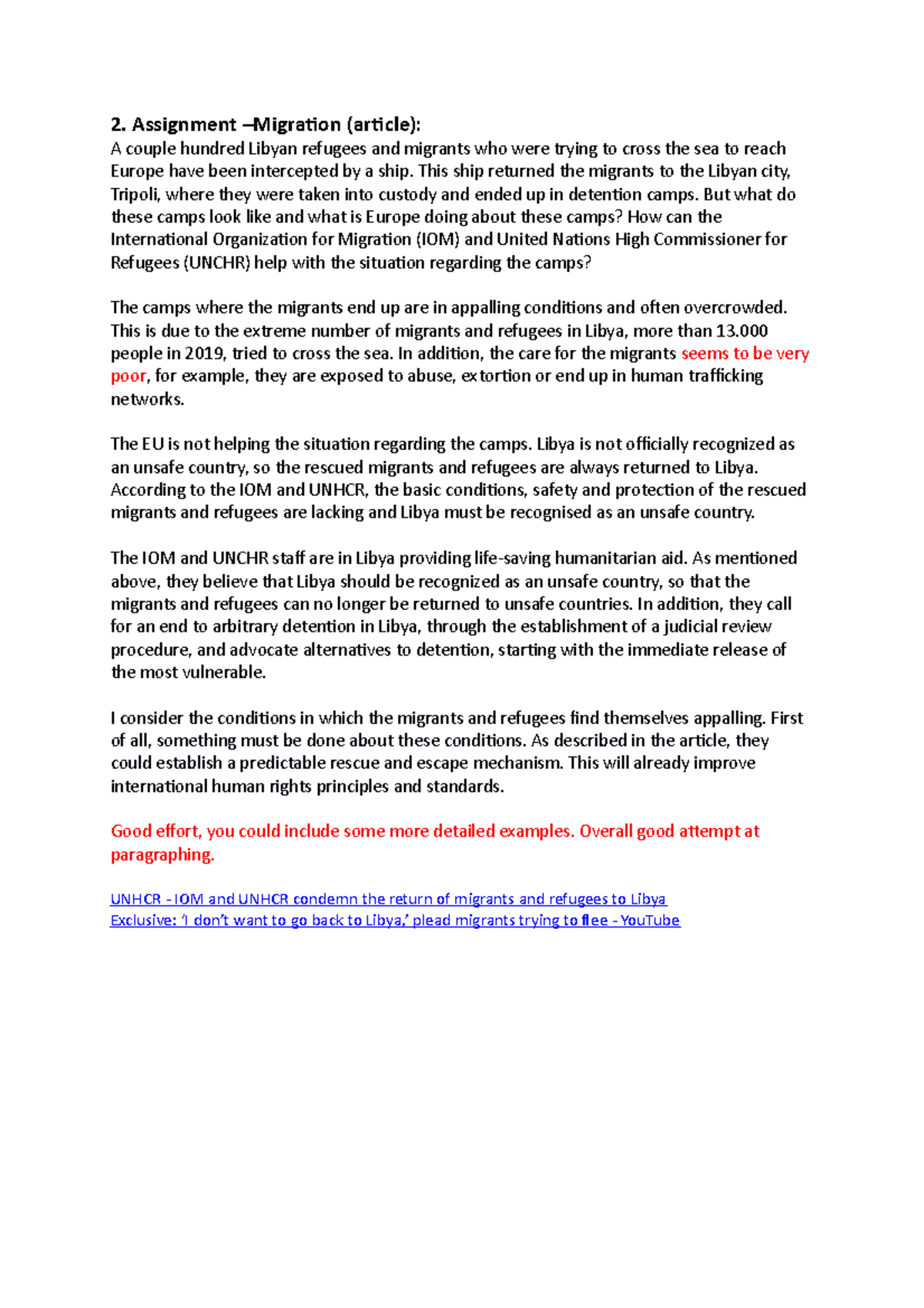 Assignment 1 - the El Hiblu 3 - 2. Assignment –Migration (article): A couple hundred Libyan ...