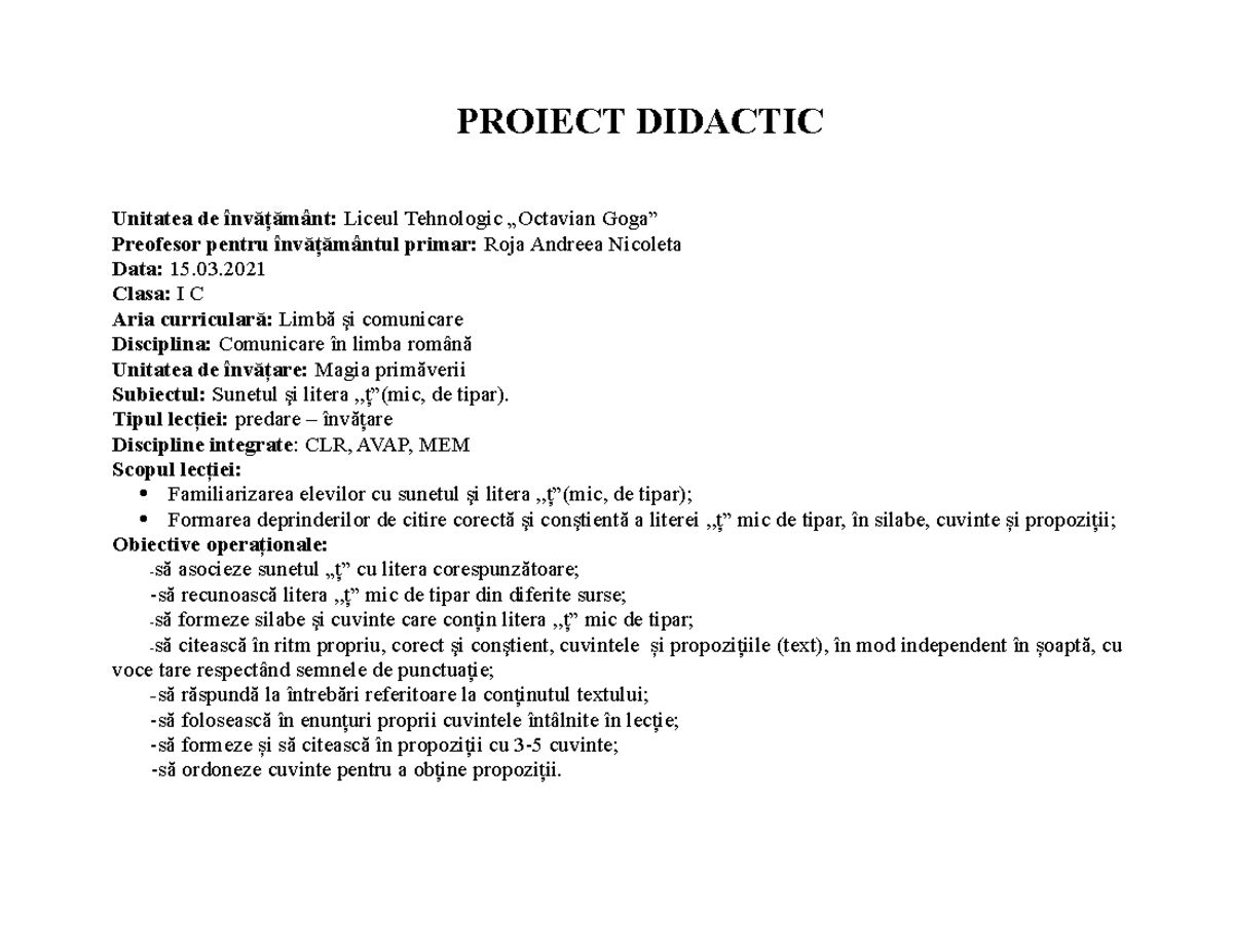 Proiect Comunicare în limba română - PROIECT DIDACTIC Unitatea de ...