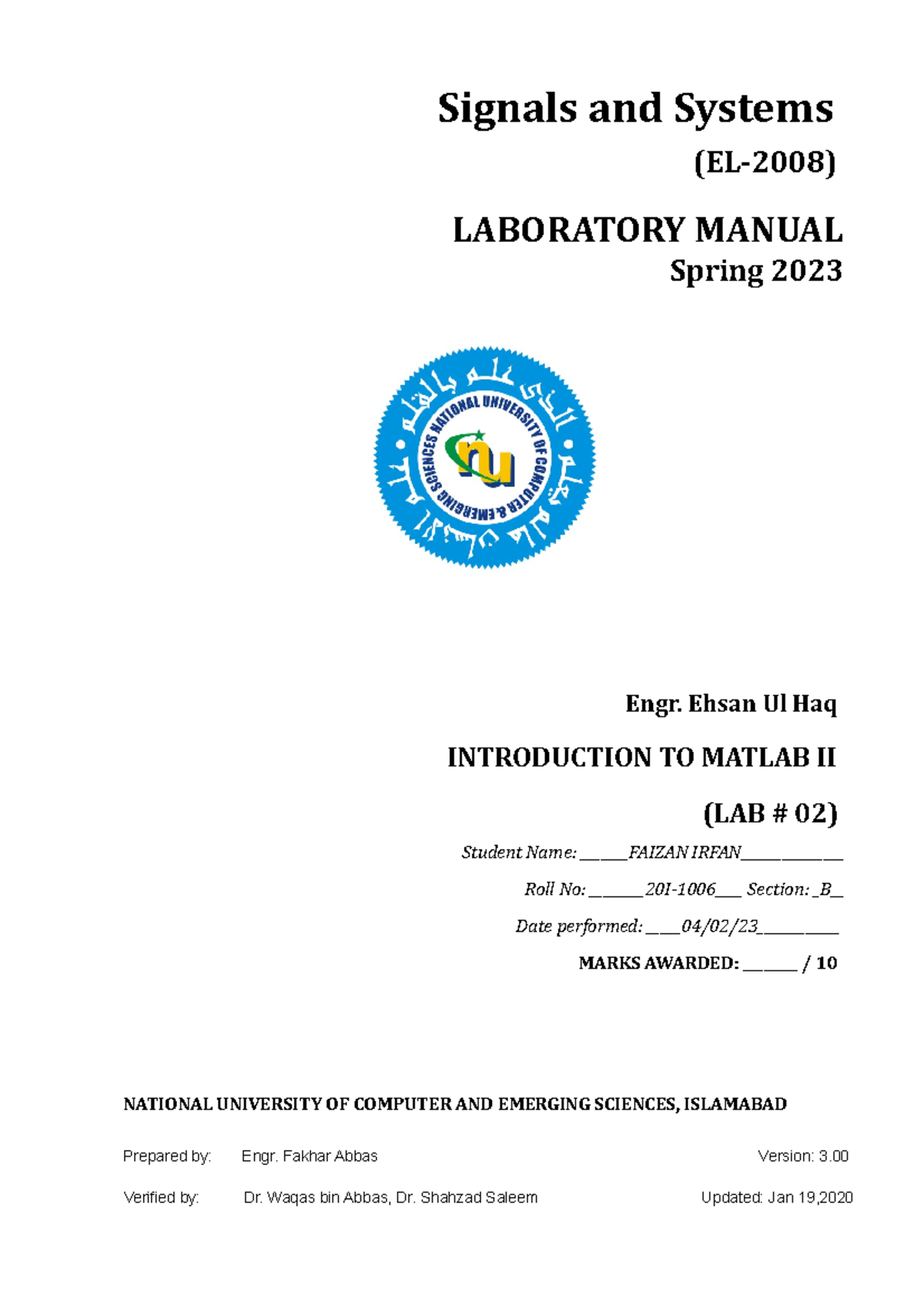 SNS LAB 02 Student Submission - Signals and Systems (EL-2008 ...