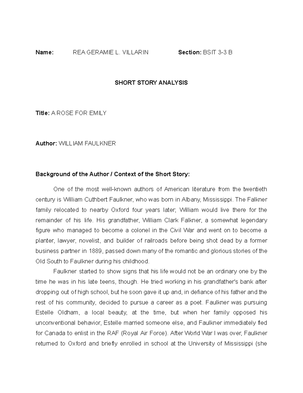 A ROSE FOR Emily Short Story Analysis - Name: REA GERAMIE L. VILLARIN ...