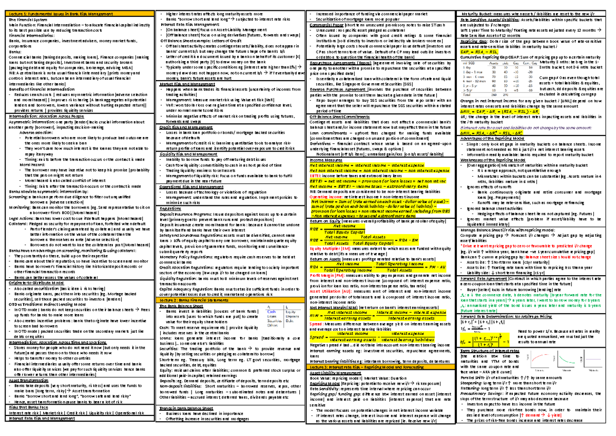 Bank risk cheatsheet finance ntu 2018 - Lecture 1: Fundamental Issues ...