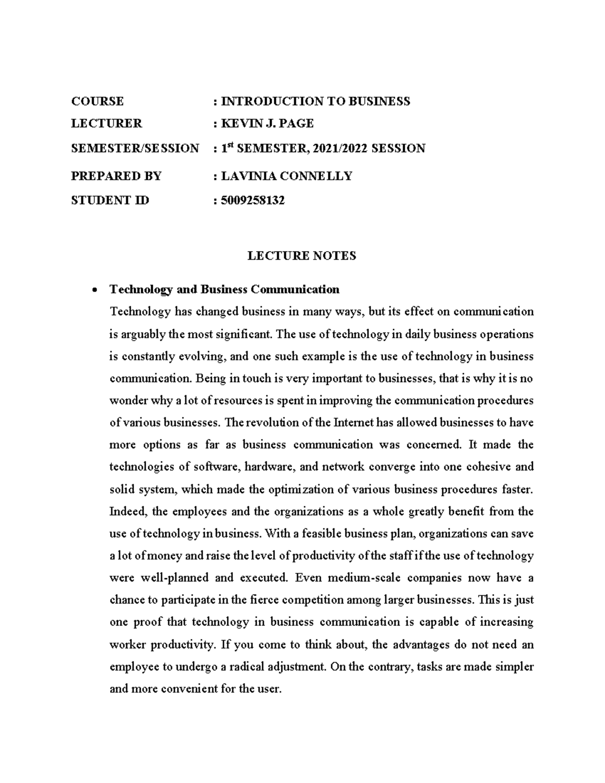 Introduction To Business (7) - Lecture Notes - COURSE : INTRODUCTION TO ...