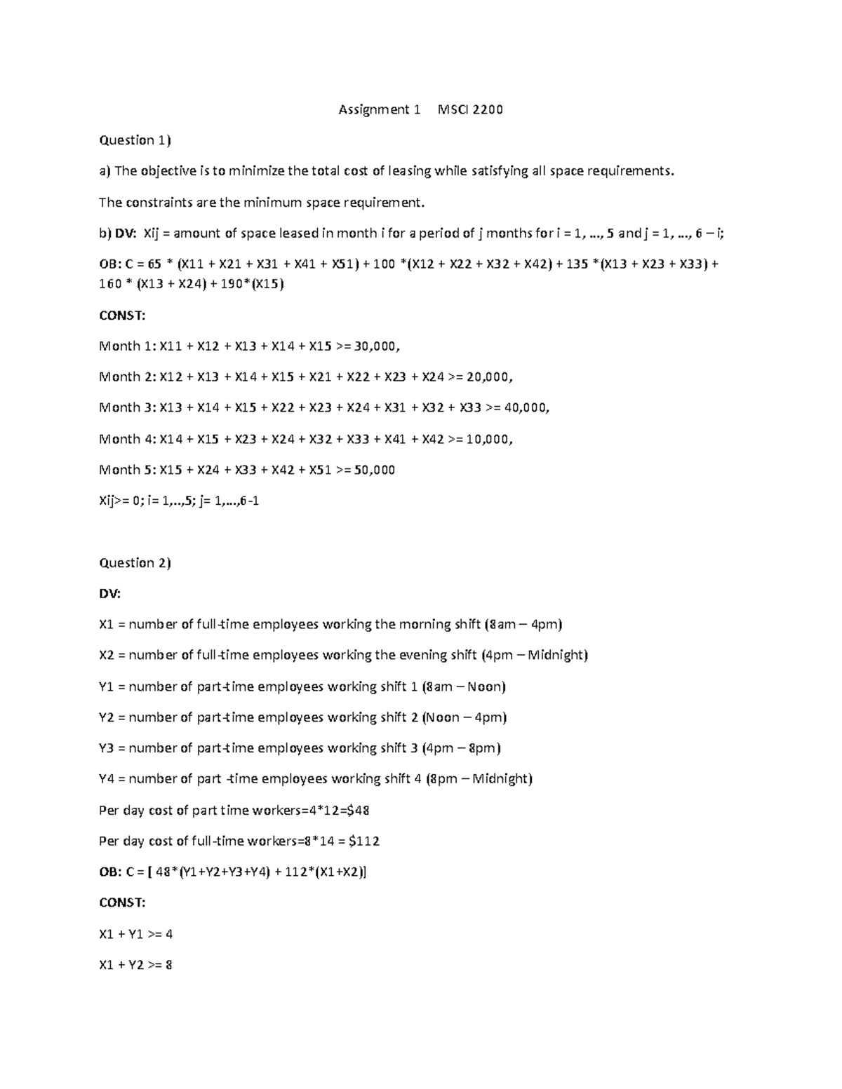 Assignment 1 MSCI 2200 - Lecture notes - Assignment 1 MSCI 2200 ...