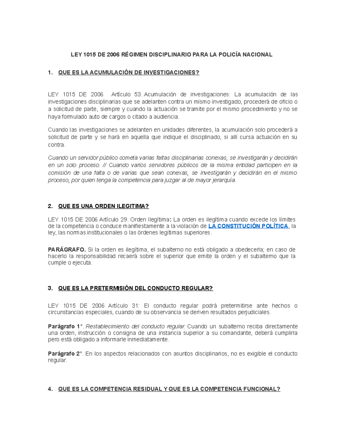 Trabajo ley 1015 y ley 1952 - LEY 1015 DE 2006 RÉGIMEN DISCIPLINARIO PARA LA POLICÍA NACIONAL 1 ...