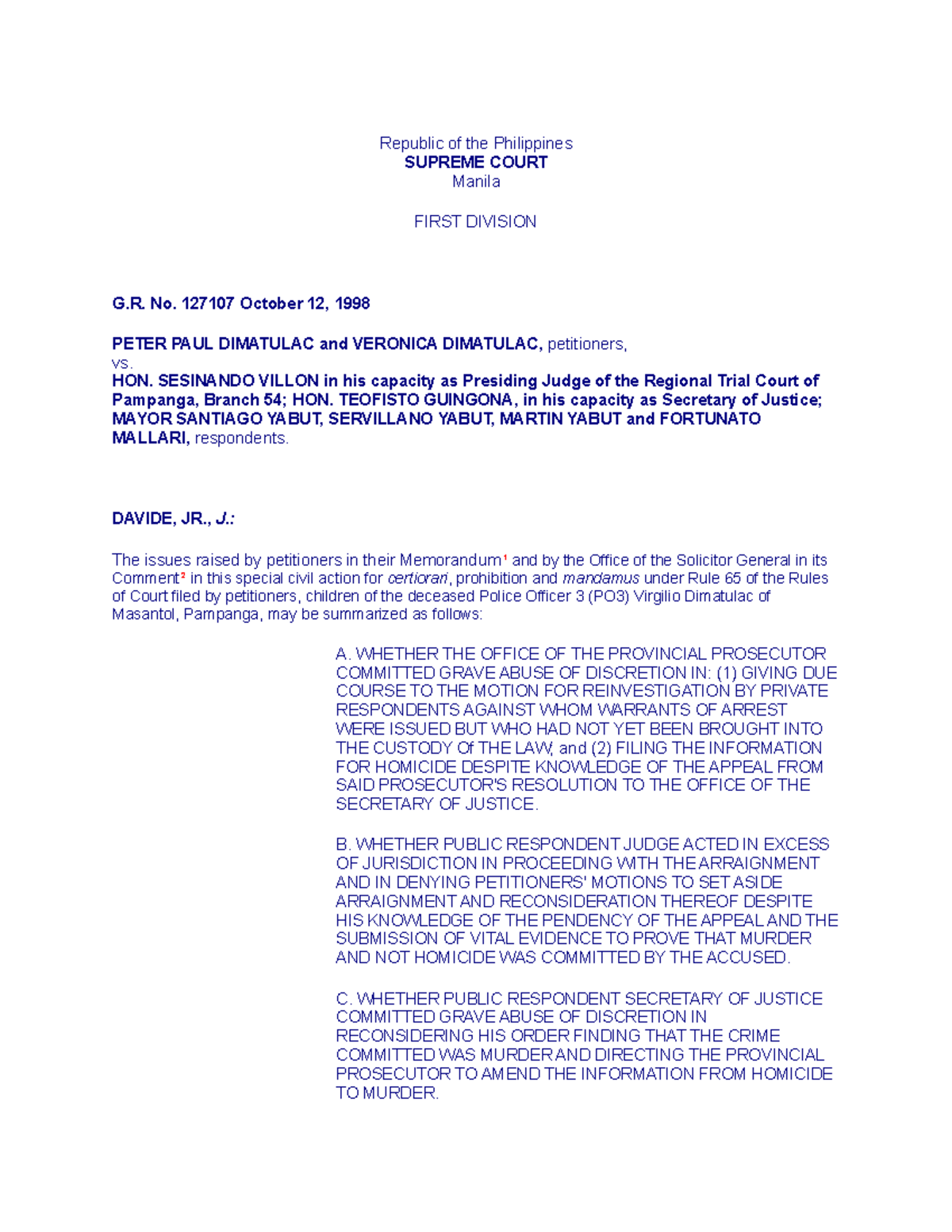GR NO 127107 - Case digest - Republic of the Philippines SUPREME COURT ...