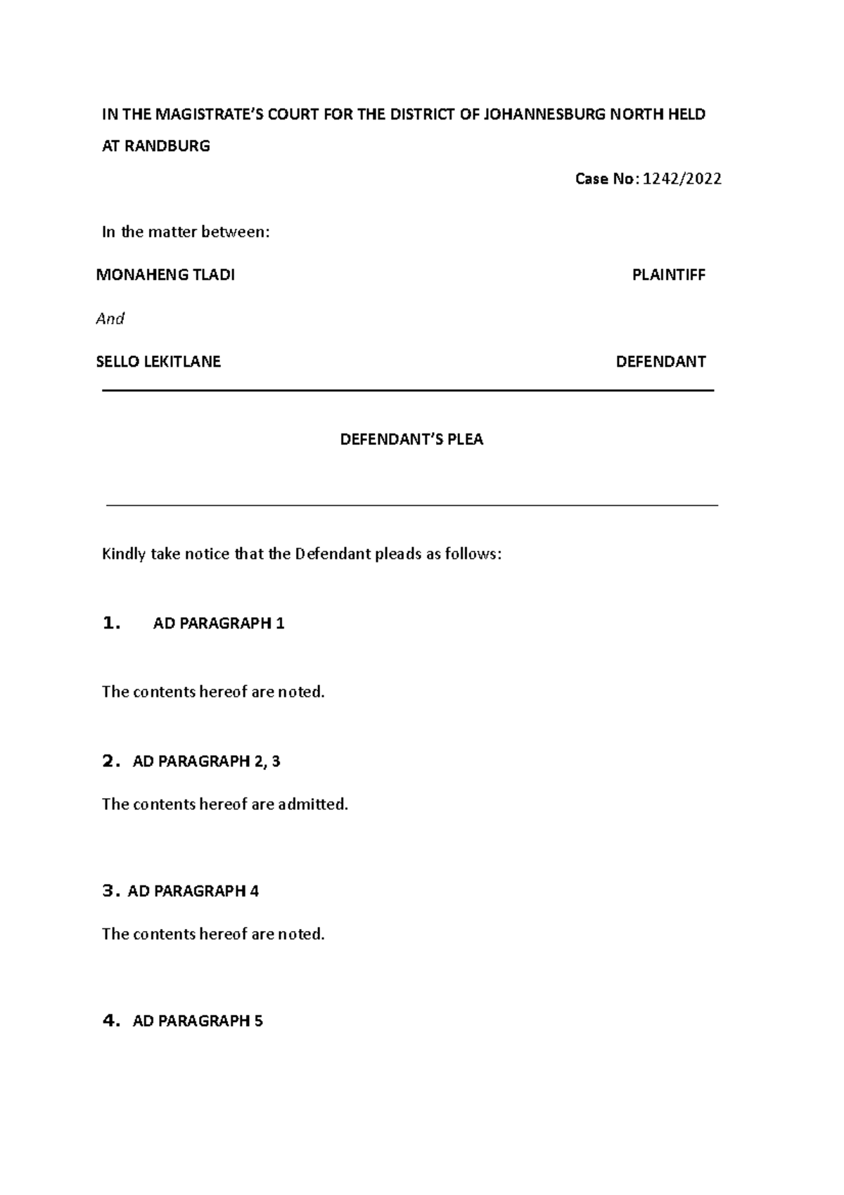 Lekitlane Plea - Defendant's Plea - IN THE MAGISTRATE’S COURT FOR THE ...