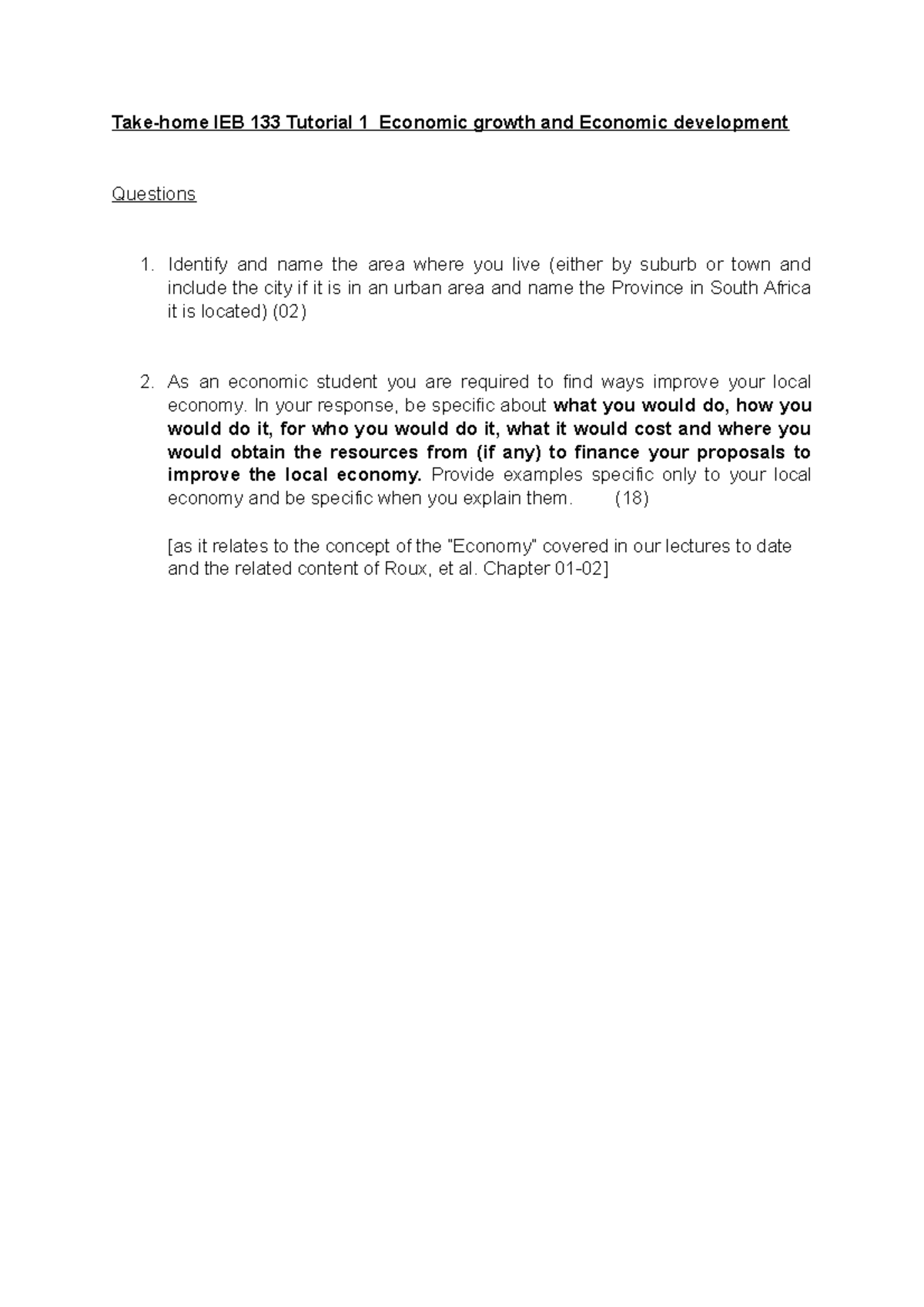 Tutorial 1 Economic growth and Economic development - Take-home IEB 133 Tutorial 1 Economic ...