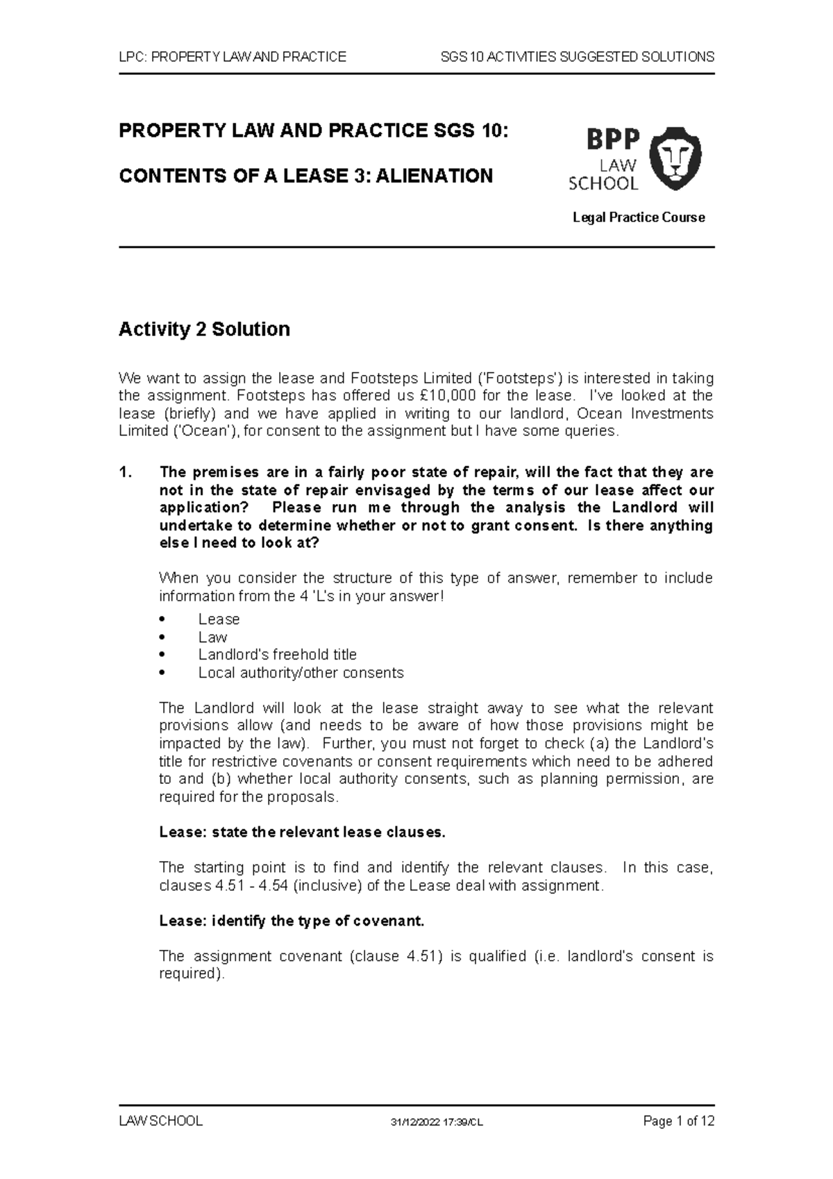 Property SGS 10 Solution Pack 22-23 - LPC: PROPERTY LAW AND PRACTICE ...
