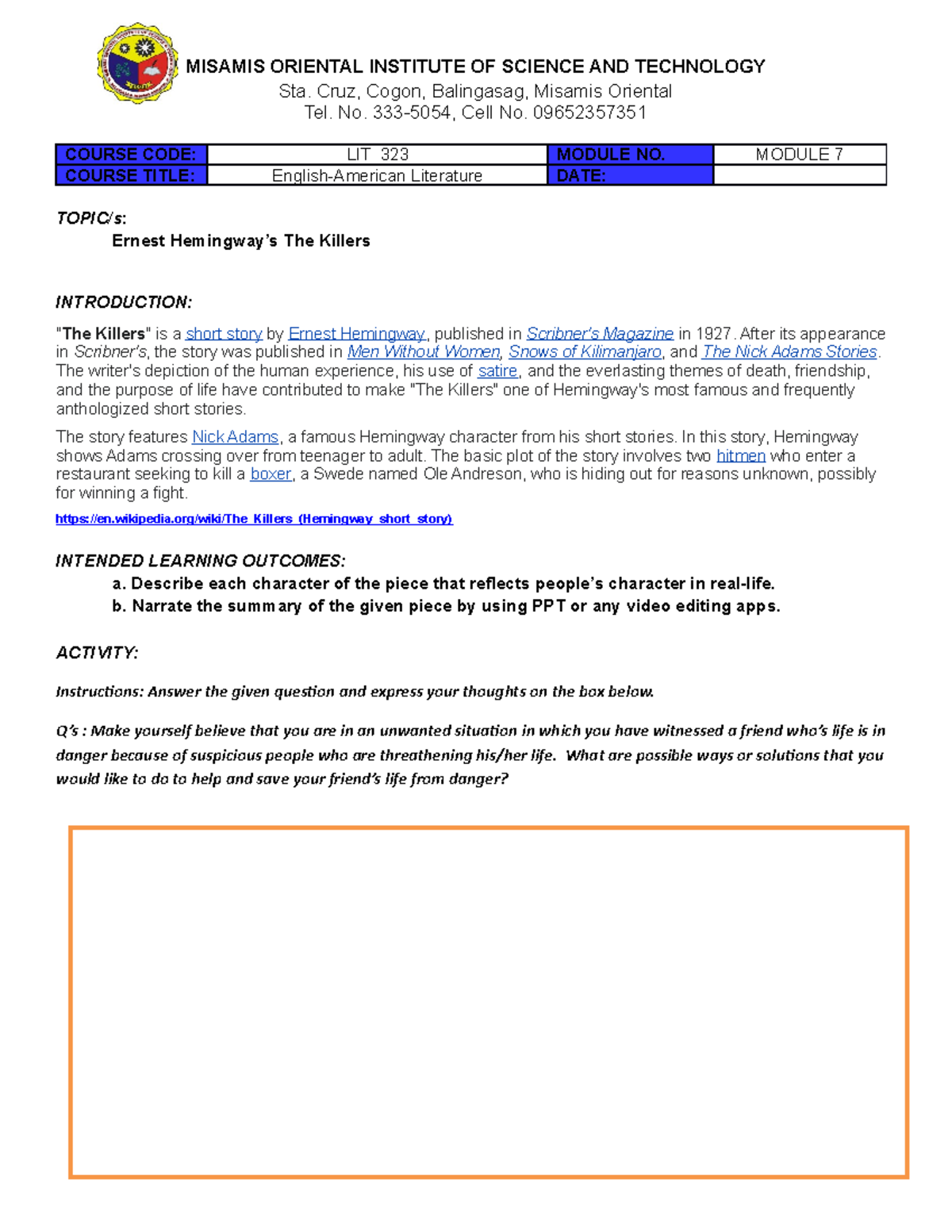 Course- Module- Template-LIT-323.-no.7 - MISAMIS ORIENTAL INSTITUTE OF ...