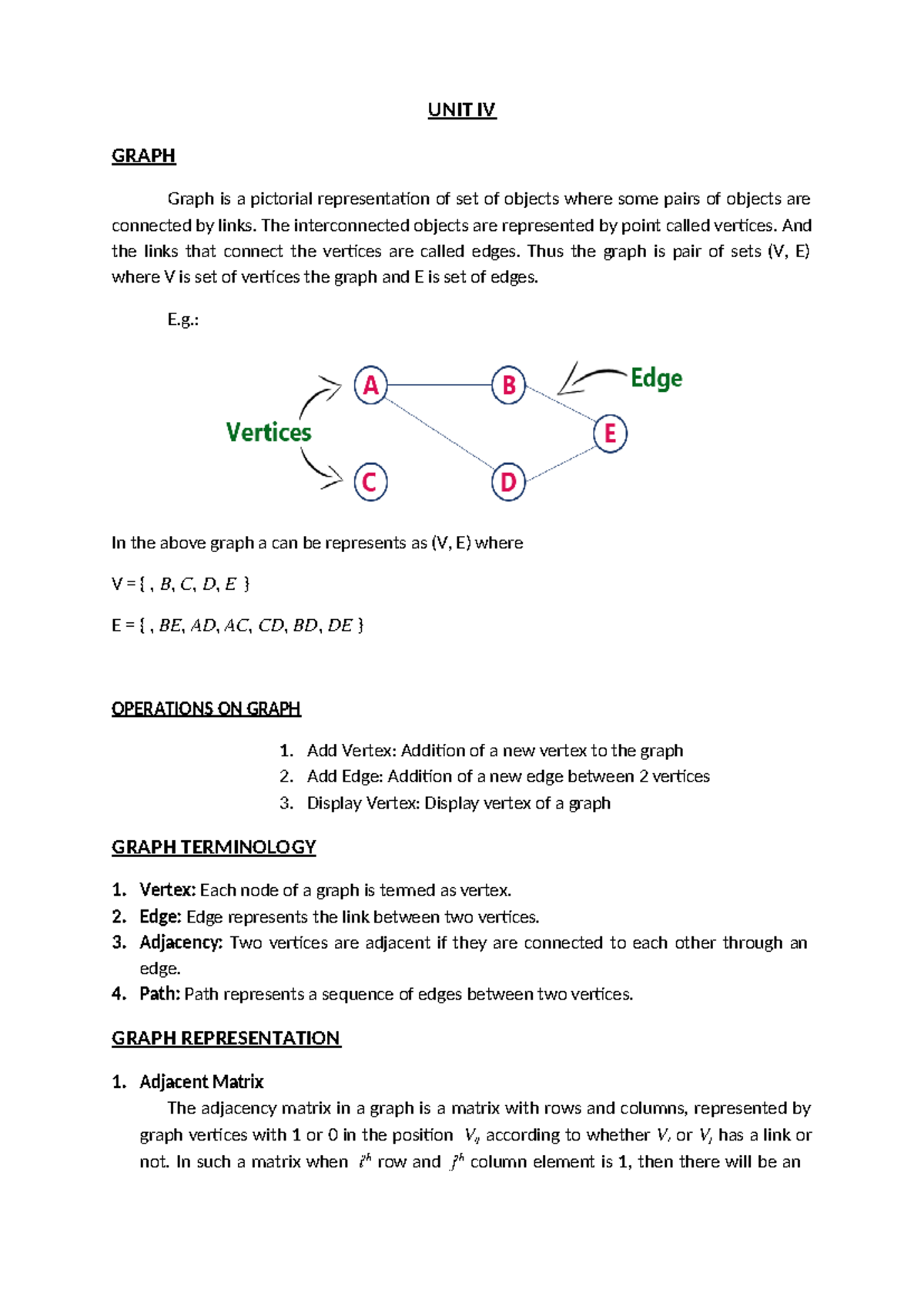 UNIT IV - UNIT III - UNIT IV GRAPH Graph is a pictorial representation ...