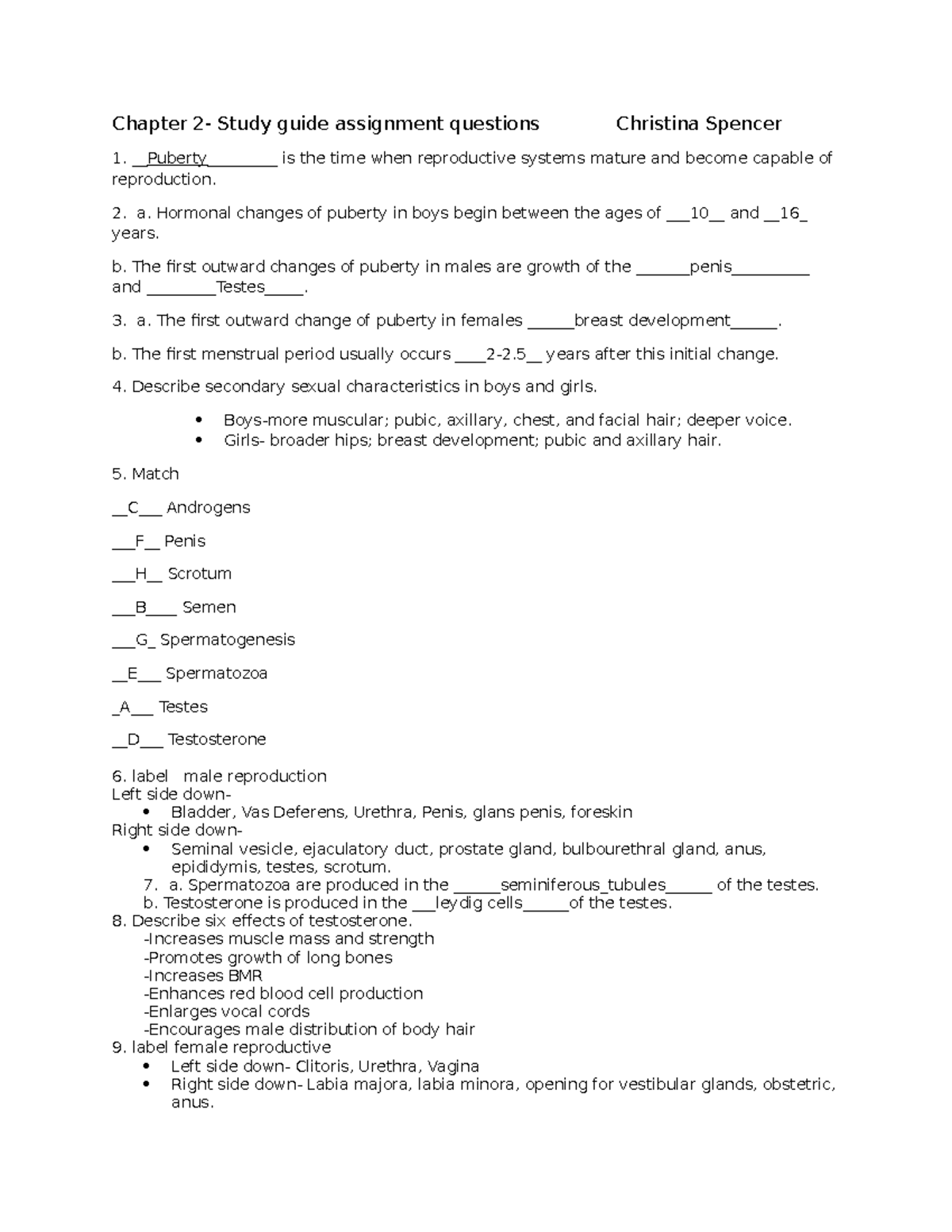 Ch2 study guide assignment - a. Hormonal changes of puberty in boys begin between the ages of 10 ...