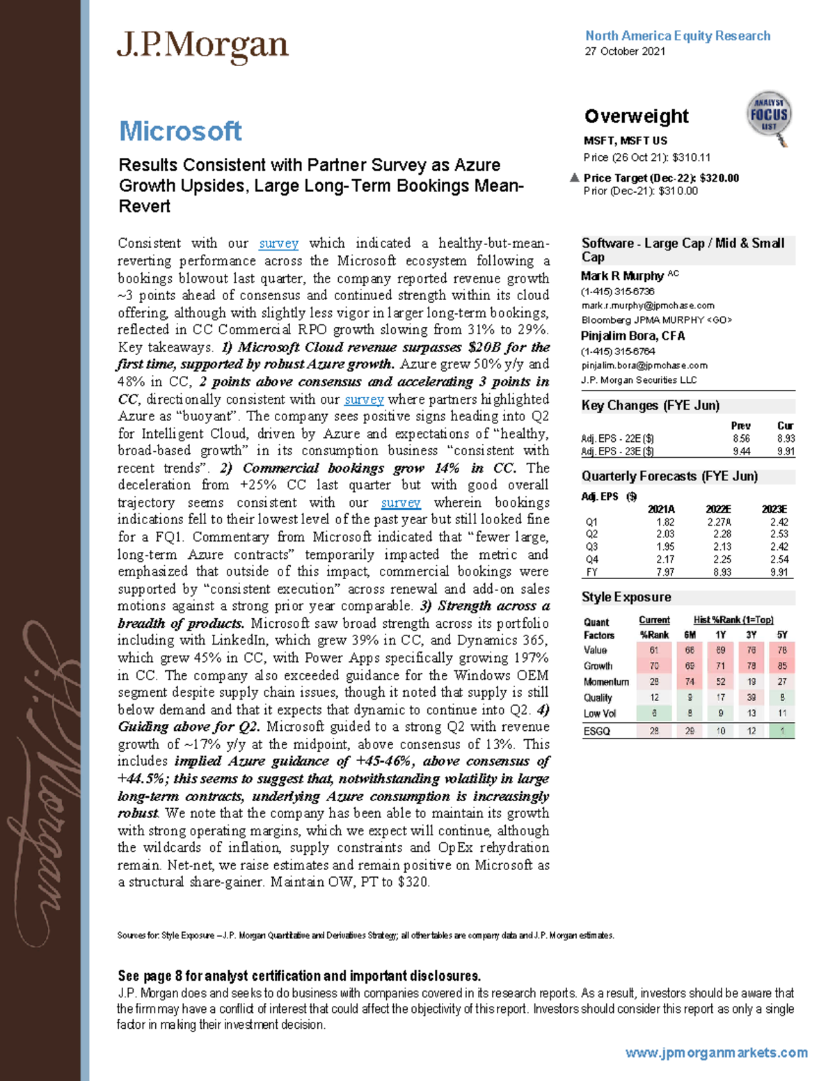 JP Morgan MSFT Microsoft Results Consistent with Partner Survey as Azu ...