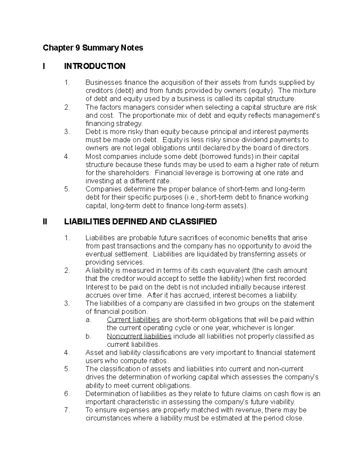 Chapter 9 Summary Notes - Chapter 9 Summary Notes I INTRODUCTION ...