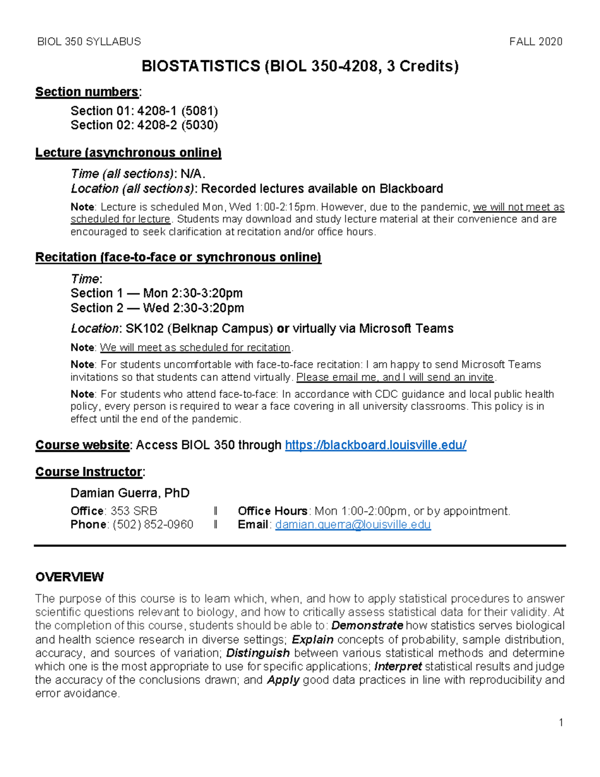 BIOL 350 4208 FALL 2020 Syllabus - Warning: TT: undefined function: 32 BIOSTATISTICS (BIOL 350 ...
