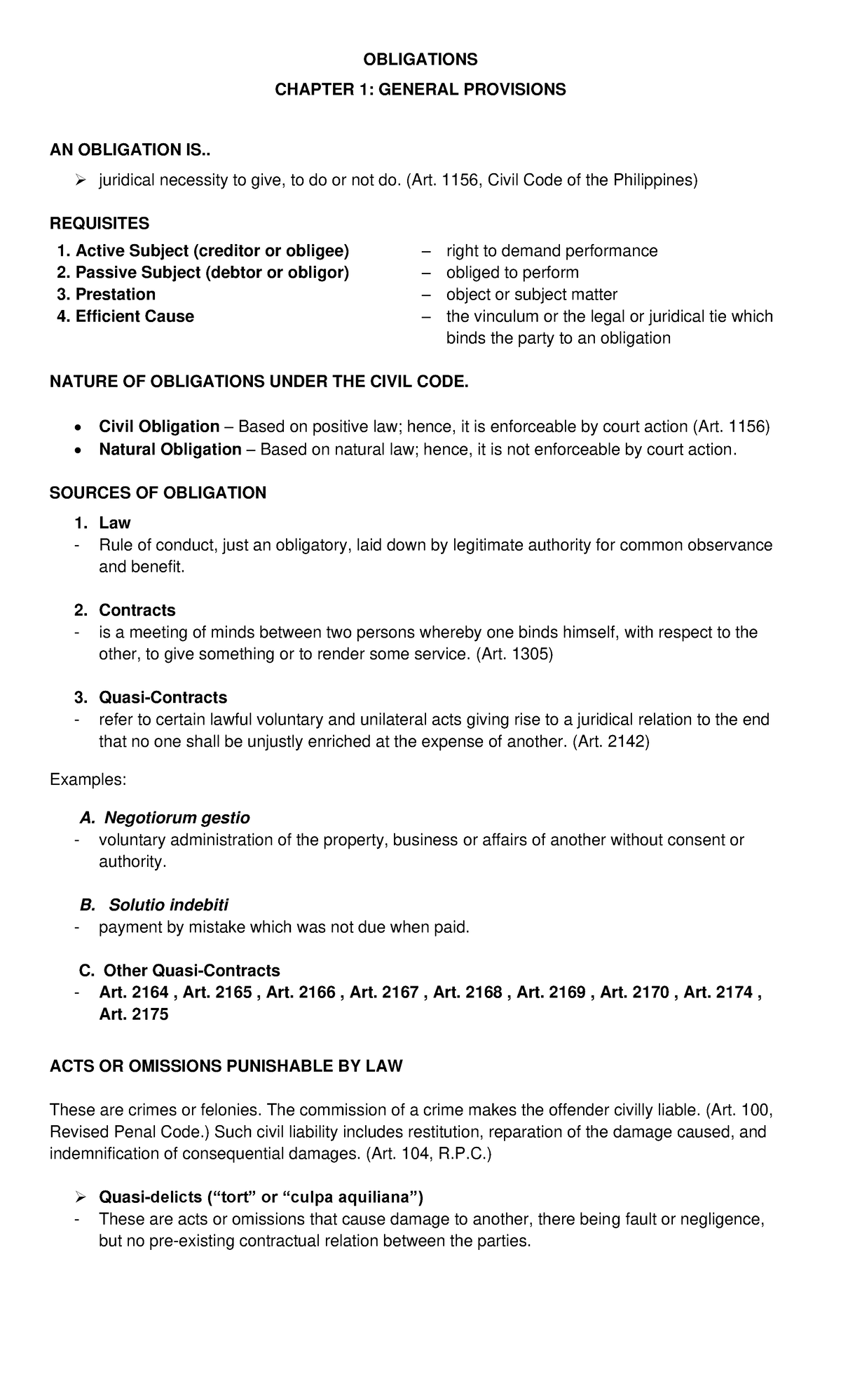 Obligation Chapter 1-4 - OBLIGATIONS CHAPTER 1: GENERAL PROVISIONS AN OBLIGATION IS.. juridical ...