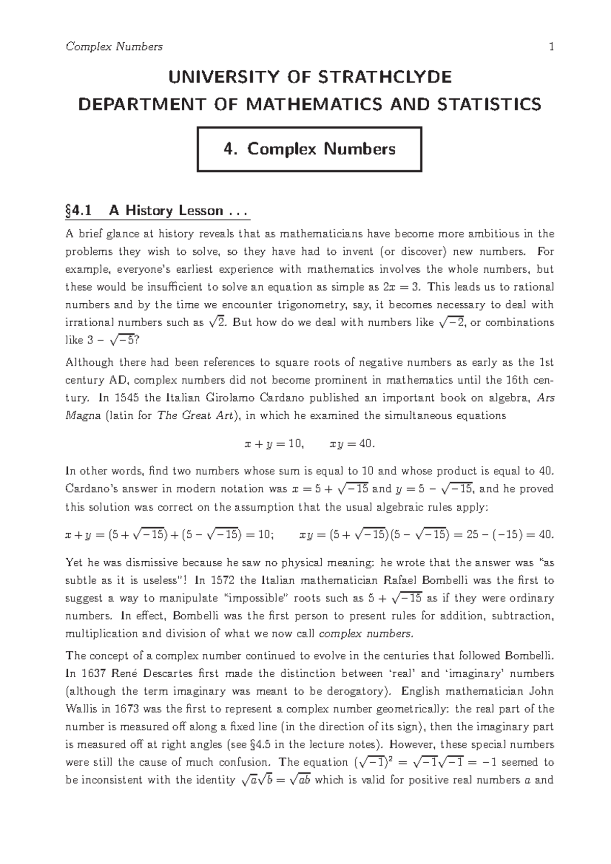 Chpt 4 Complex Numbers - UNIVERSITY OF STRATHCLYDE DEPARTMENT OF ...