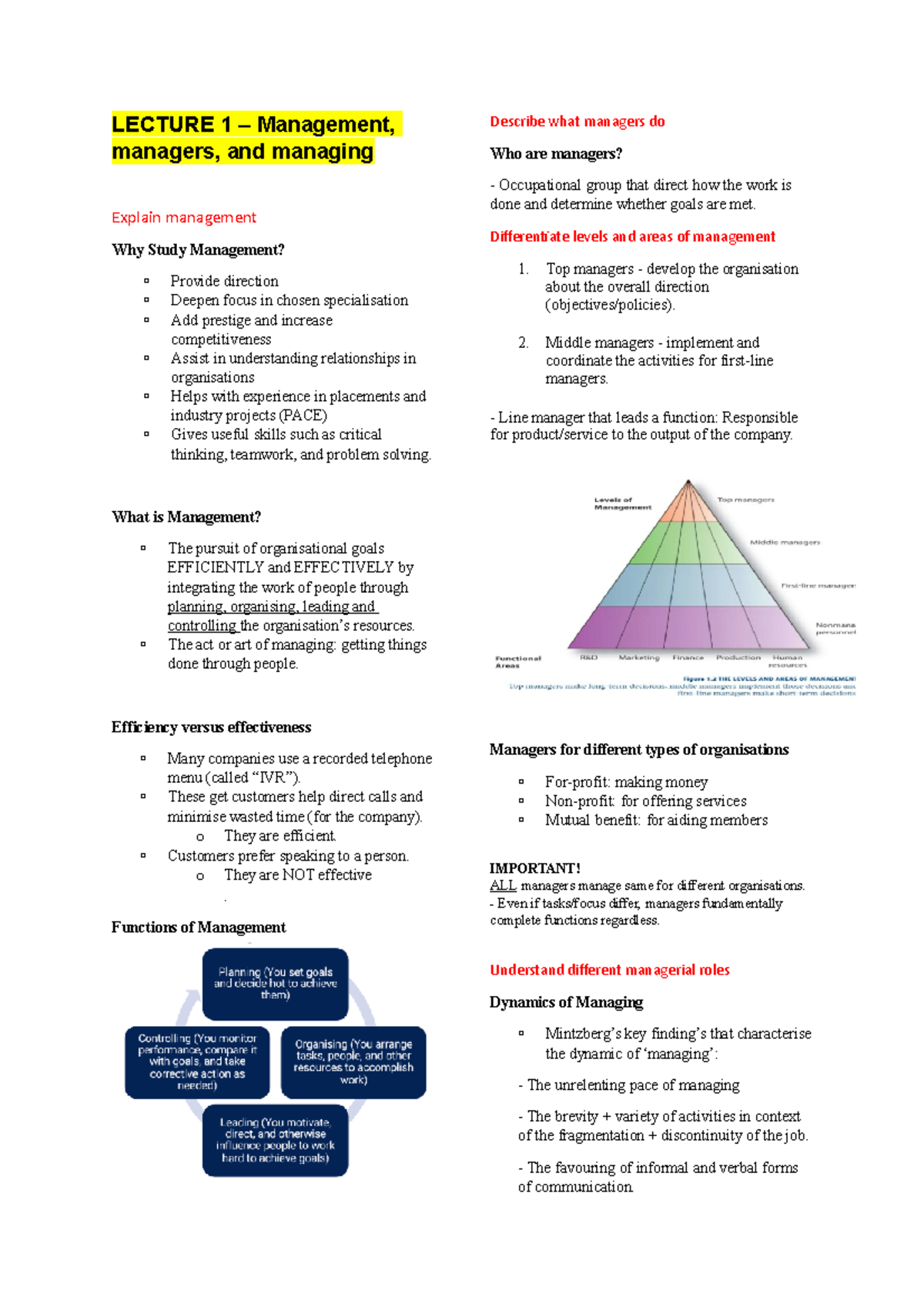 MGMT1002 P Management Lecture Notes S1/2021 - LECTURE 1 – Management ...