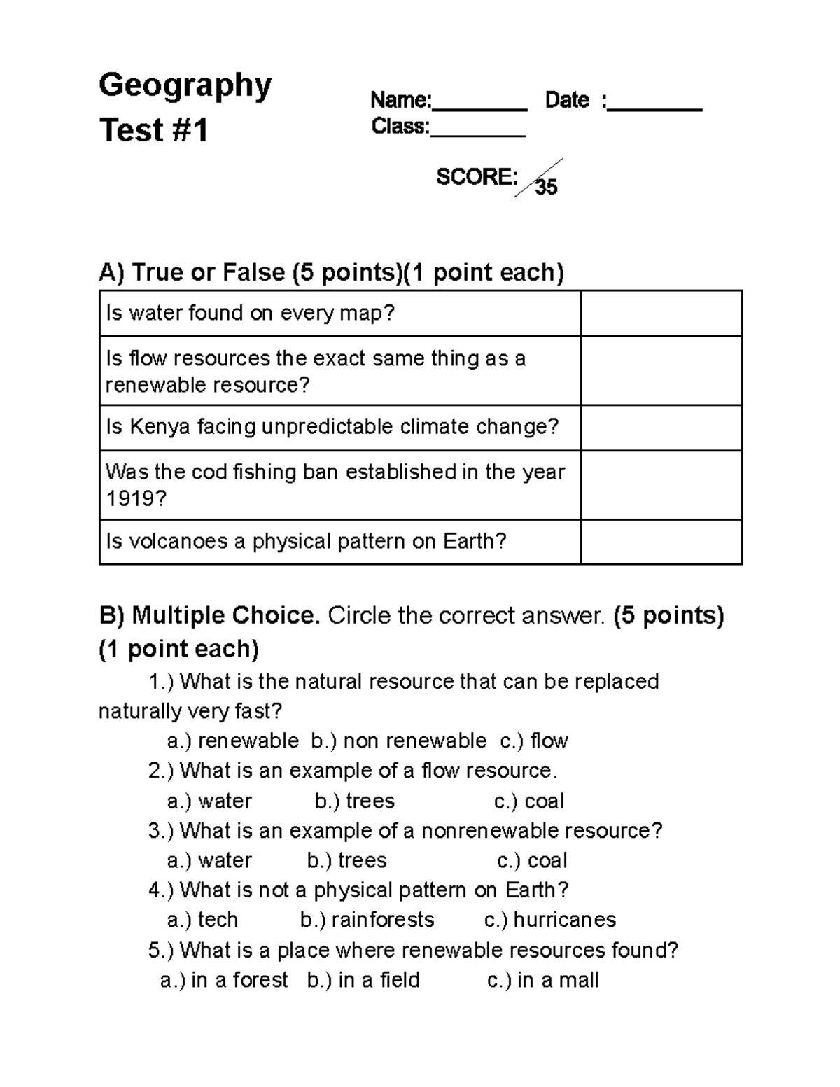 Geography Test #1 - Google Docs - Geography Test A) True or False (5 ...