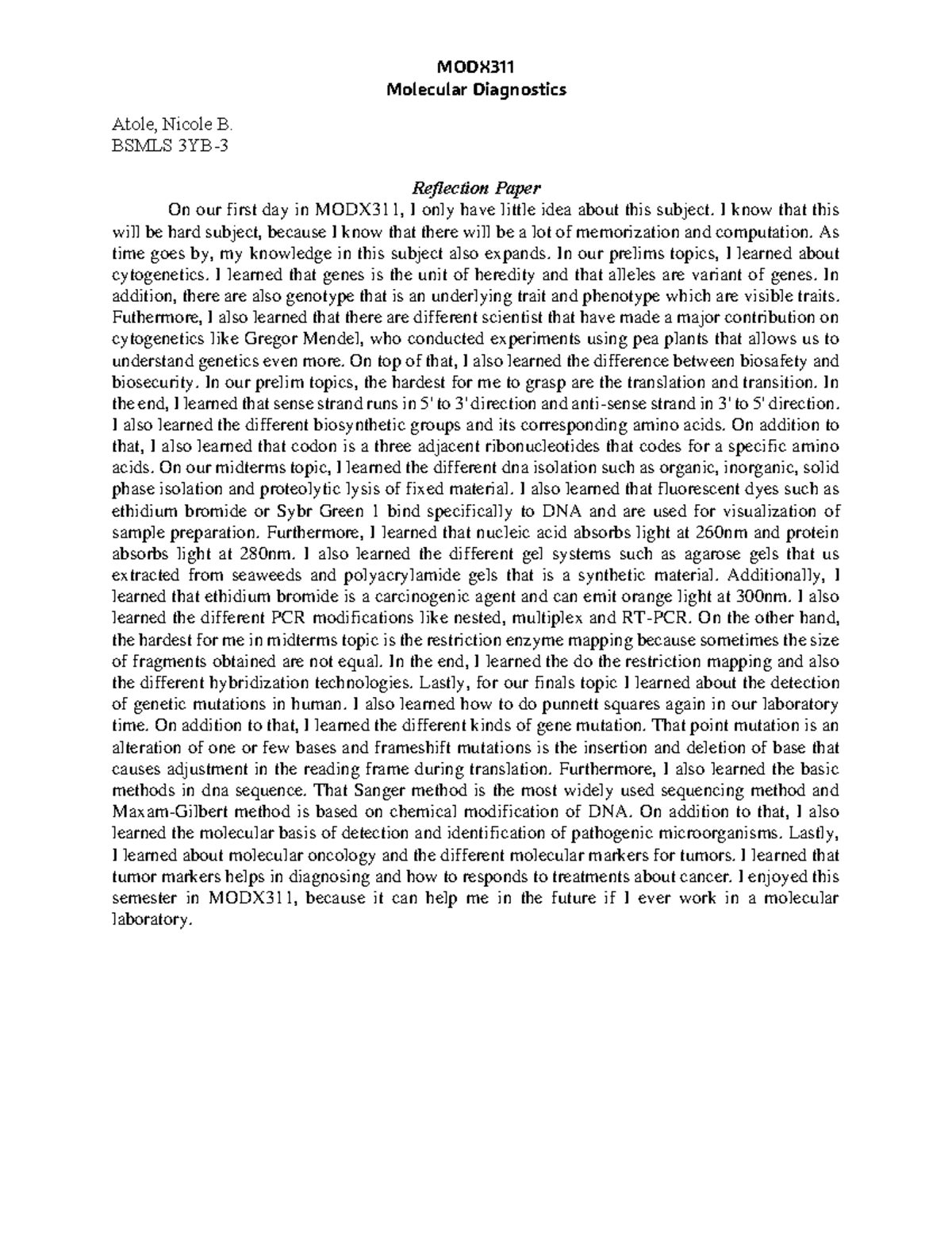 Reflection Paper - MODX Molecular Diagnostics Atole, Nicole B. BSMLS ...