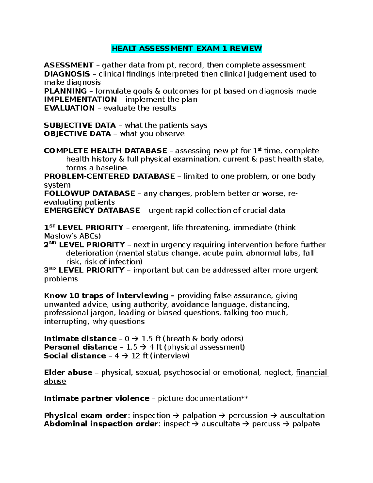 Health Assess Final Comprehensive Exam Review - HEALT ASSESSMENT EXAM 1 ...