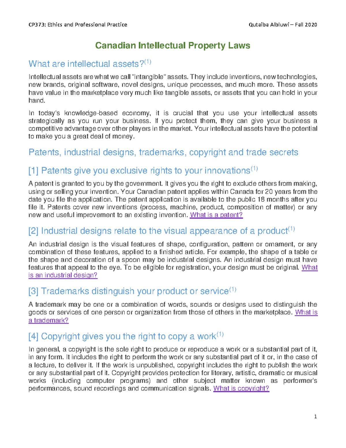 Reading on Copyrights CP373 - Canadian Intellectual Property Laws What ...