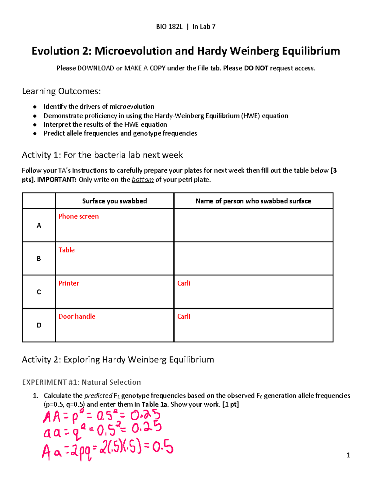 Jarvis Lab 7.2 In-Lab Question Sheet - Evolution 2: Microevolution and ...