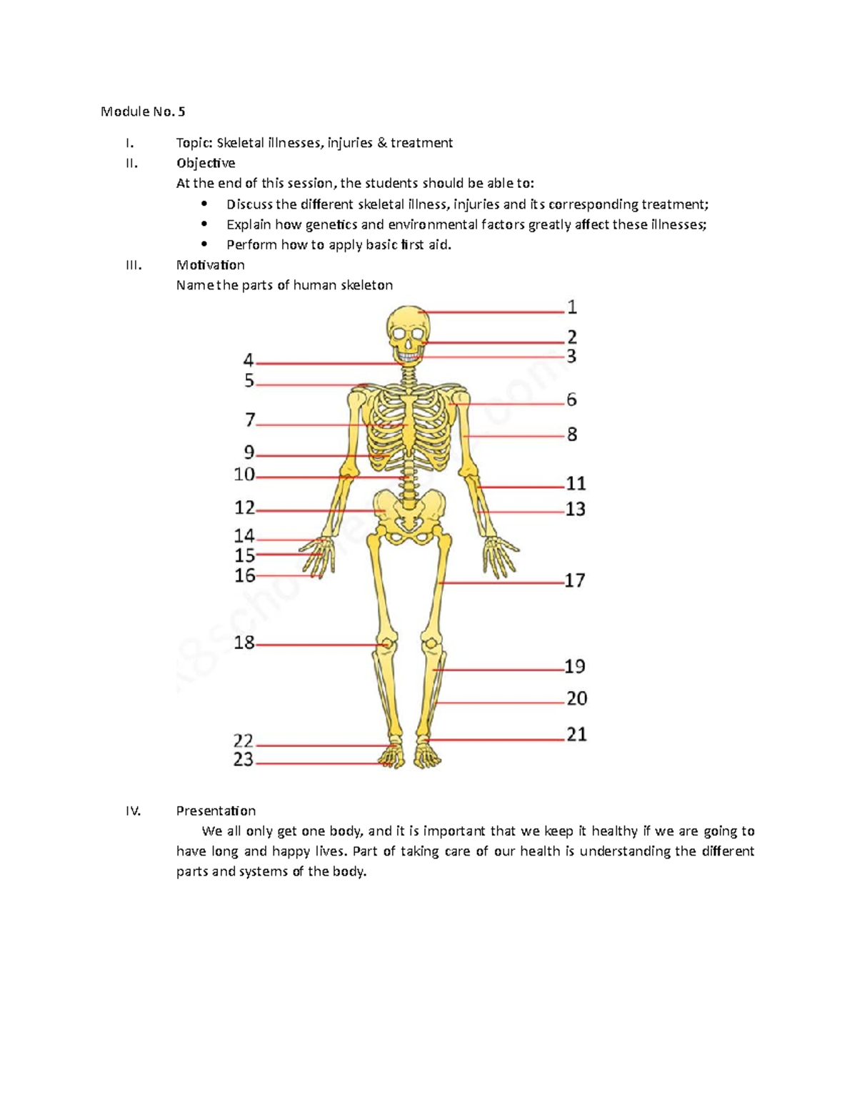 Module-5 - MODULE 5 - Module No. 5 I. Topic: Skeletal illnesses ...
