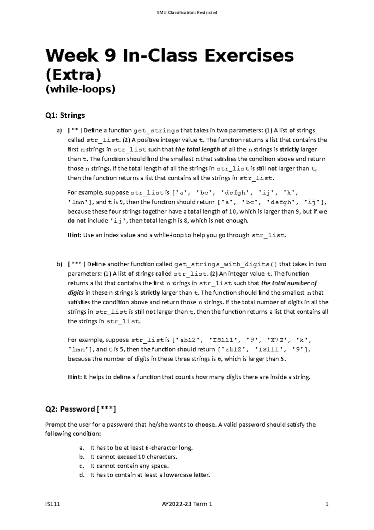 Week 9 In Class Exercises V10 Extra Week 9 In Class Exercises Extra While Loops Q1 