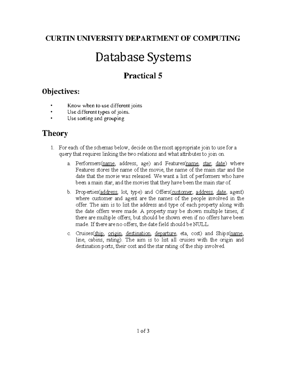 Prac 5 Joins and Sorting - 1 of 3 CURTIN UNIVERSITY DEPARTMENT OF COMPUTING Database Systems ...