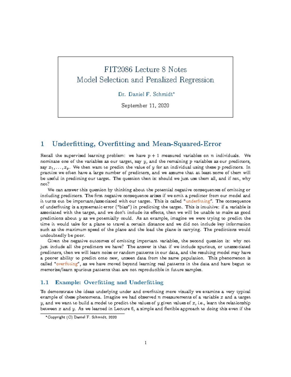 Lecture 8 Notes - FIT2086 Lecture 8 Notes Model Selection and Penalized ...
