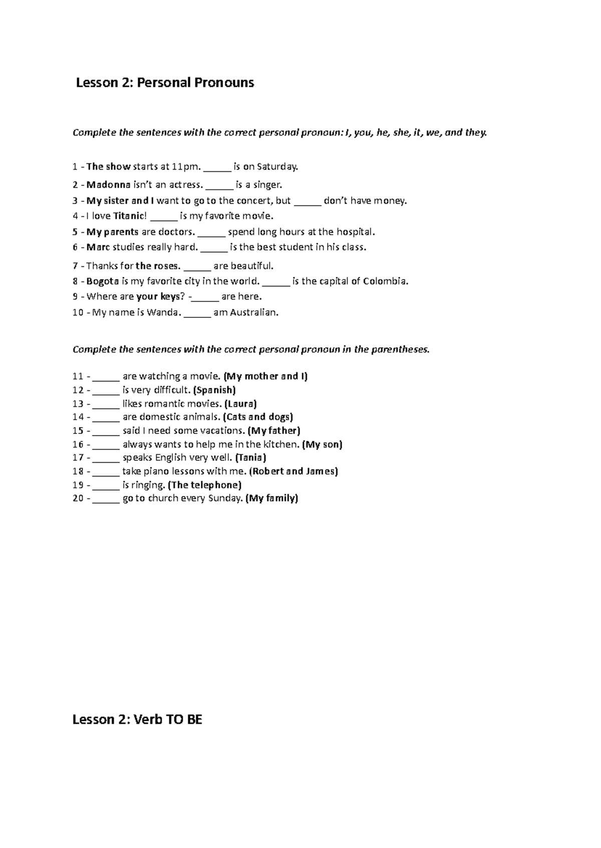 Pronombres Personales - Lesson 2: Personal Pronouns Complete the ...