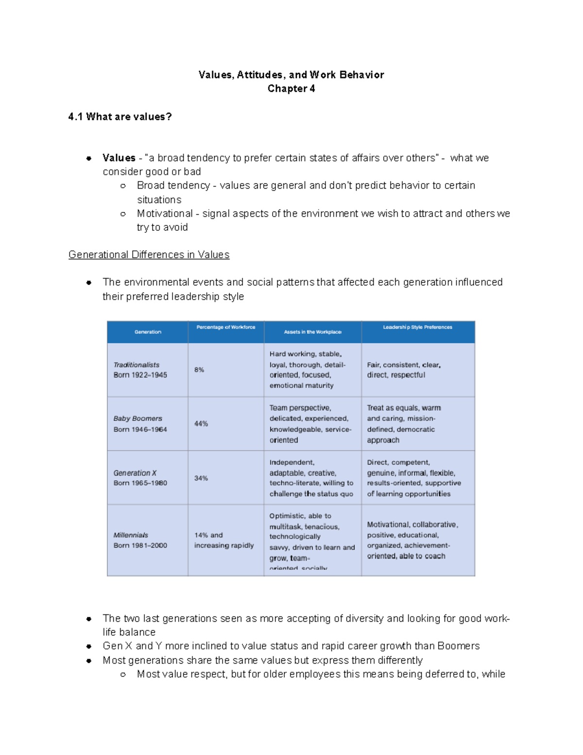 222 Ch 4 Work Behavior - Values, Attitudes, and Work Behavior Chapter 4 ...
