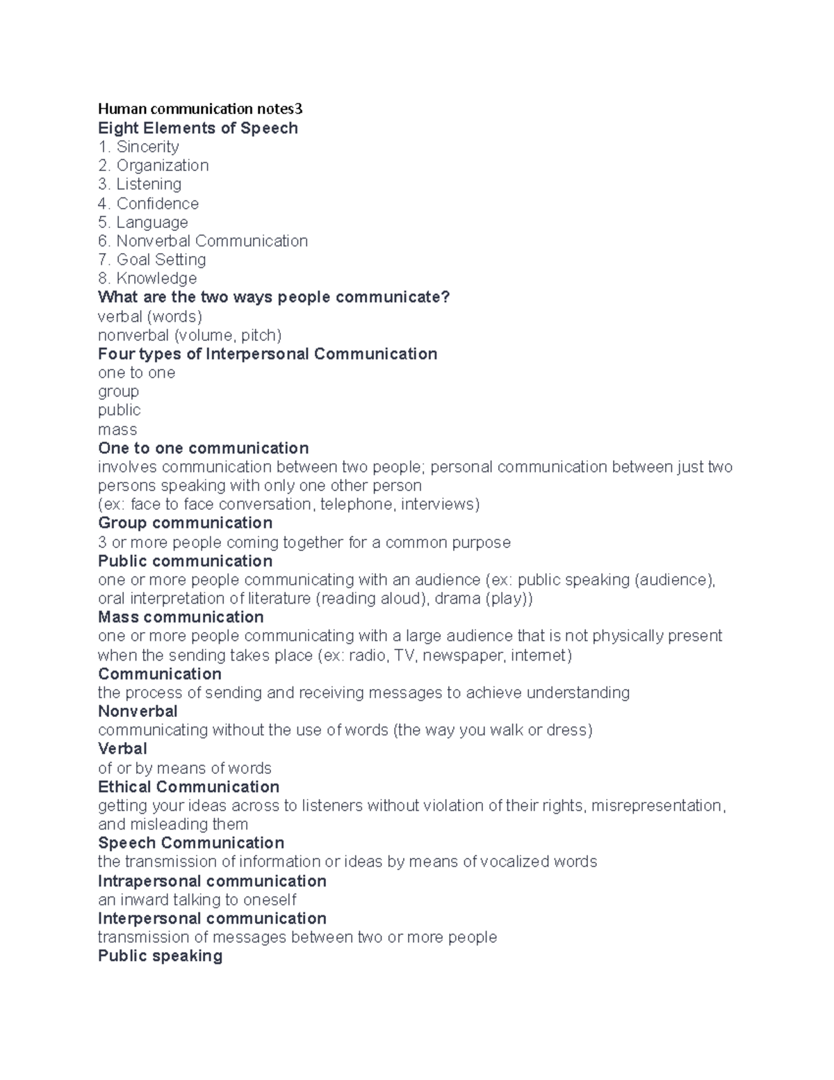 Human communication notes 3 - Human communication notes Eight Elements ...
