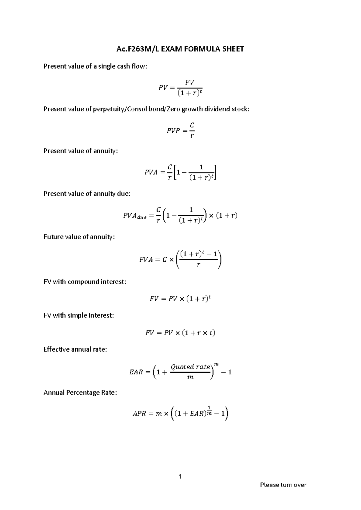 Ac.F263 Exam Formula Sheet - 1 Please turn over Ac/L EXAM FORMULA SHEET ...