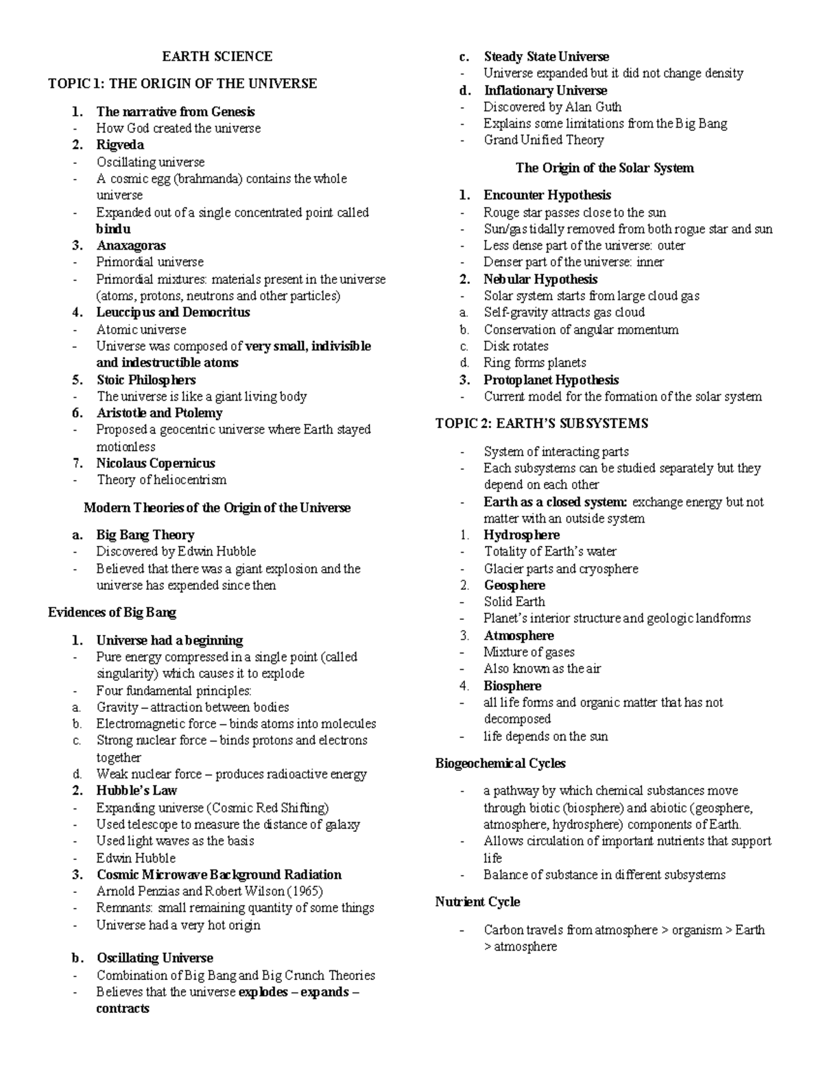 Earth-sci 2 - none - EARTH SCIENCE TOPIC 1: THE ORIGIN OF THE UNIVERSE ...
